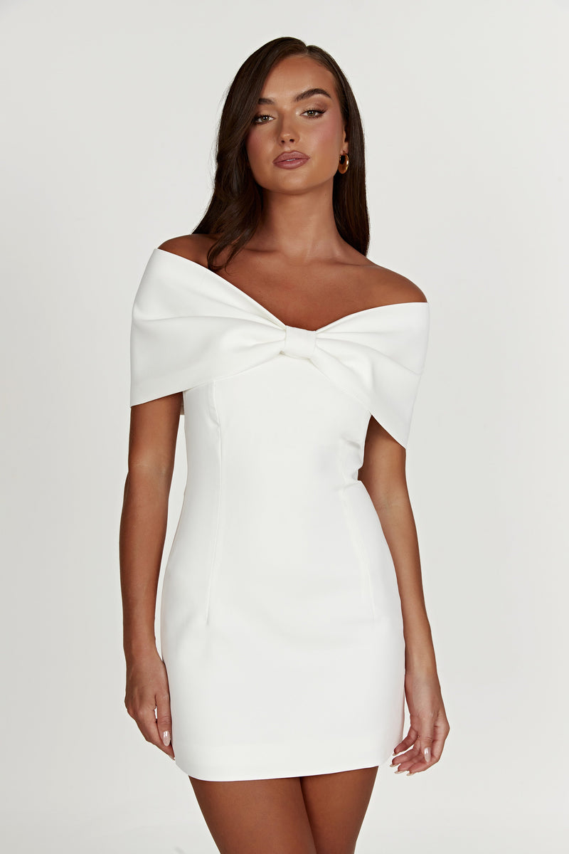 Gwyneth Off Shoulder Bow Mini Dress - White - MESHKI U.S