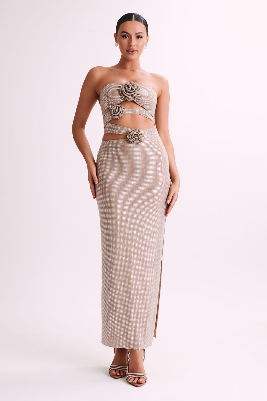 Stassie Strapless Rose Diamante Maxi Dress - Nude- MESHKI U.S