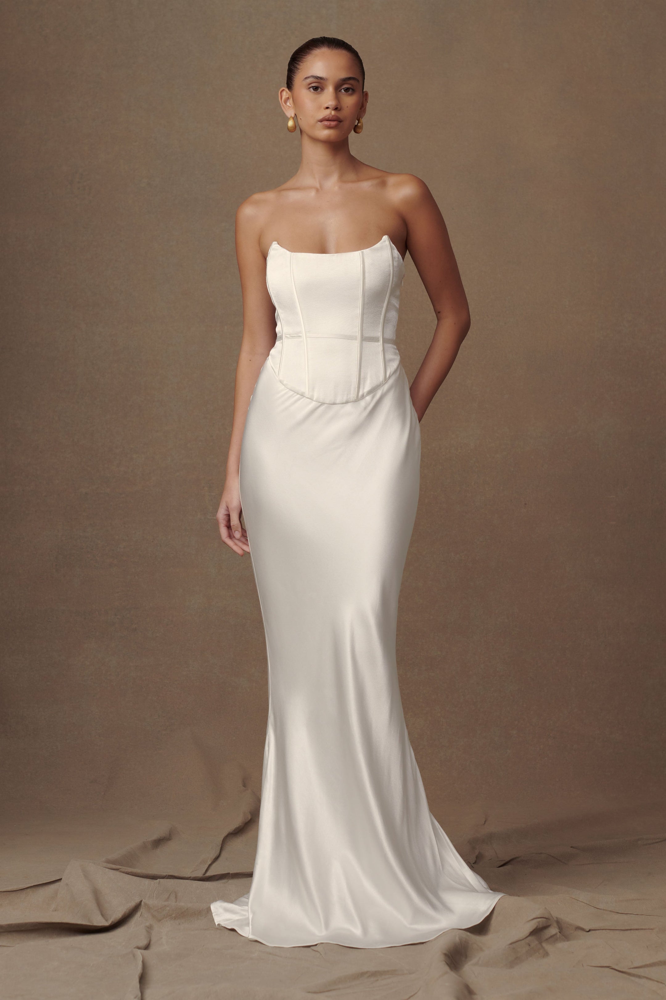 Harlow Satin Strapless Maxi Dress - Ivory- MESHKI U.S