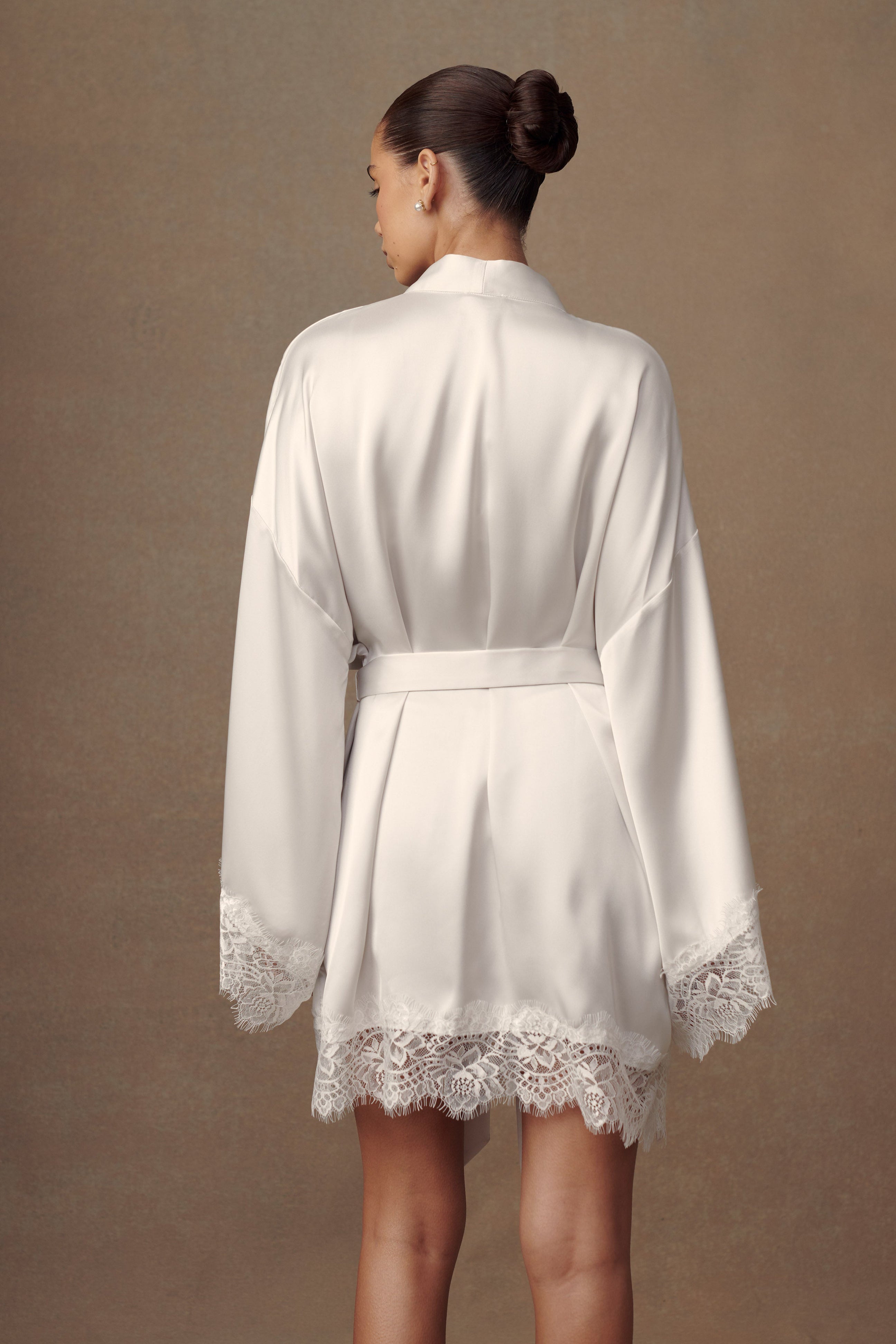 Annabeth Lace Trim Bridal Robe - White - MESHKI U.S