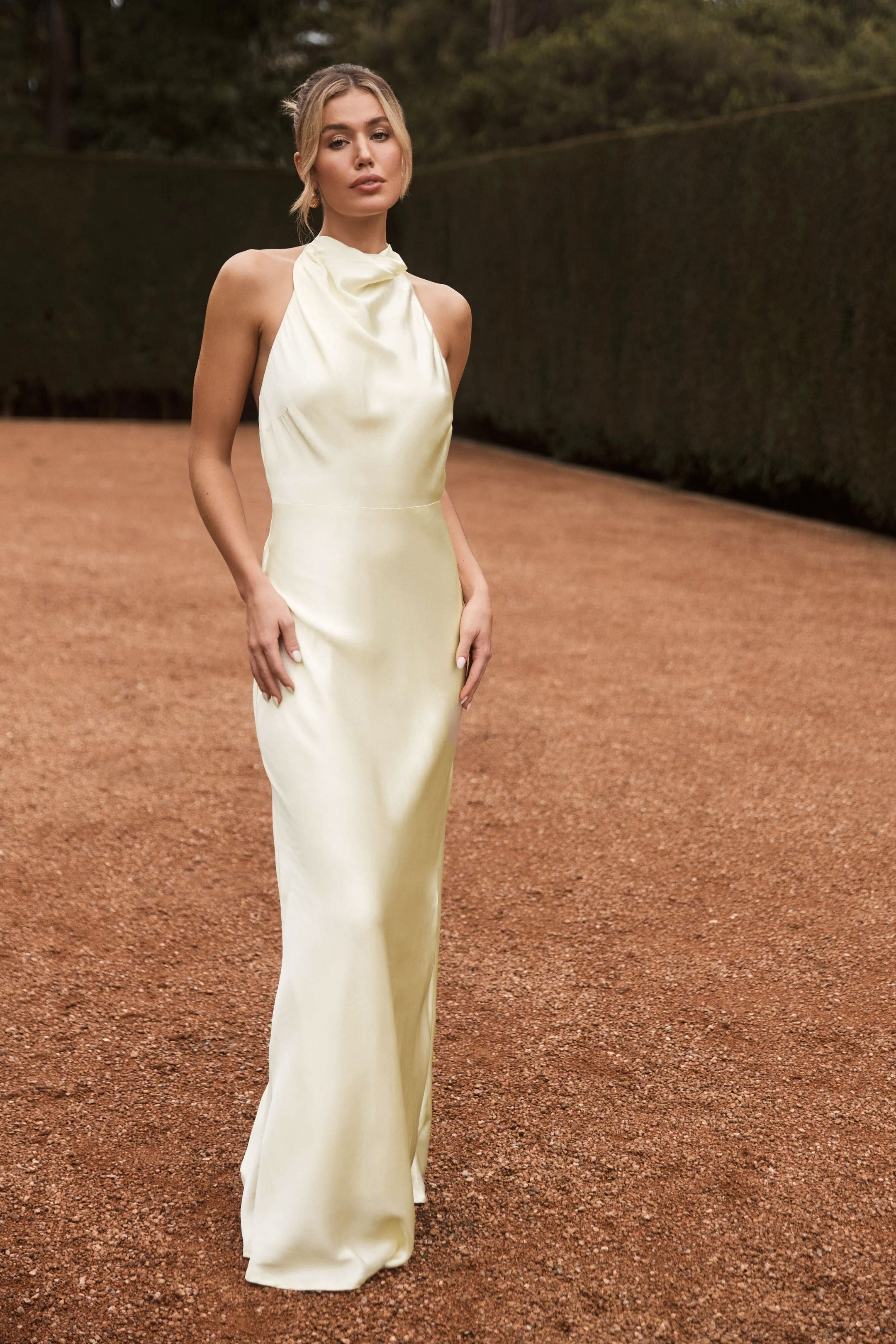 Esther Iridescent Satin Cowl Maxi Dress - Lemon Sorbet- MESHKI U.S