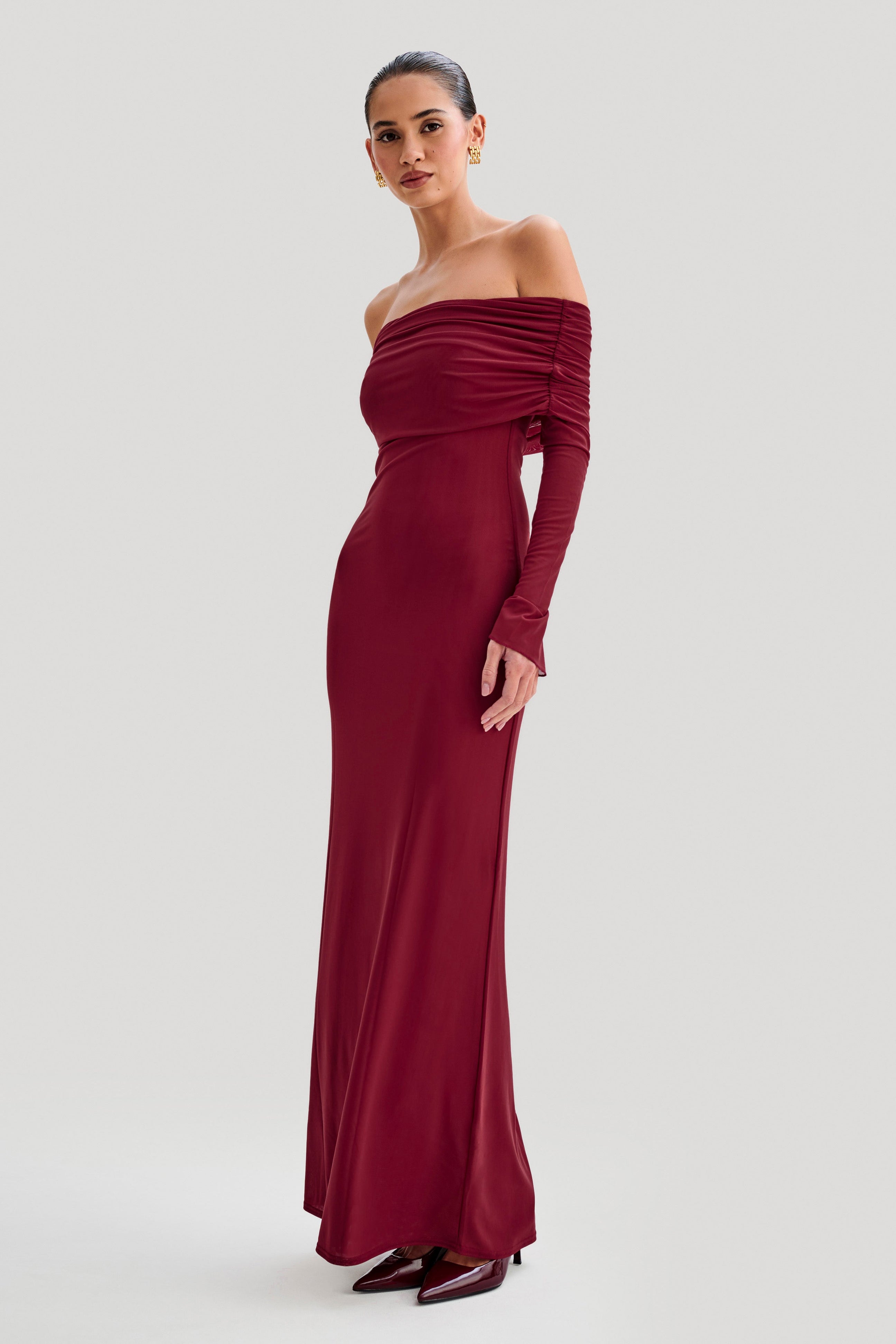 Josie Off Shoulder Mesh Maxi Dress - Wine- MESHKI U.S