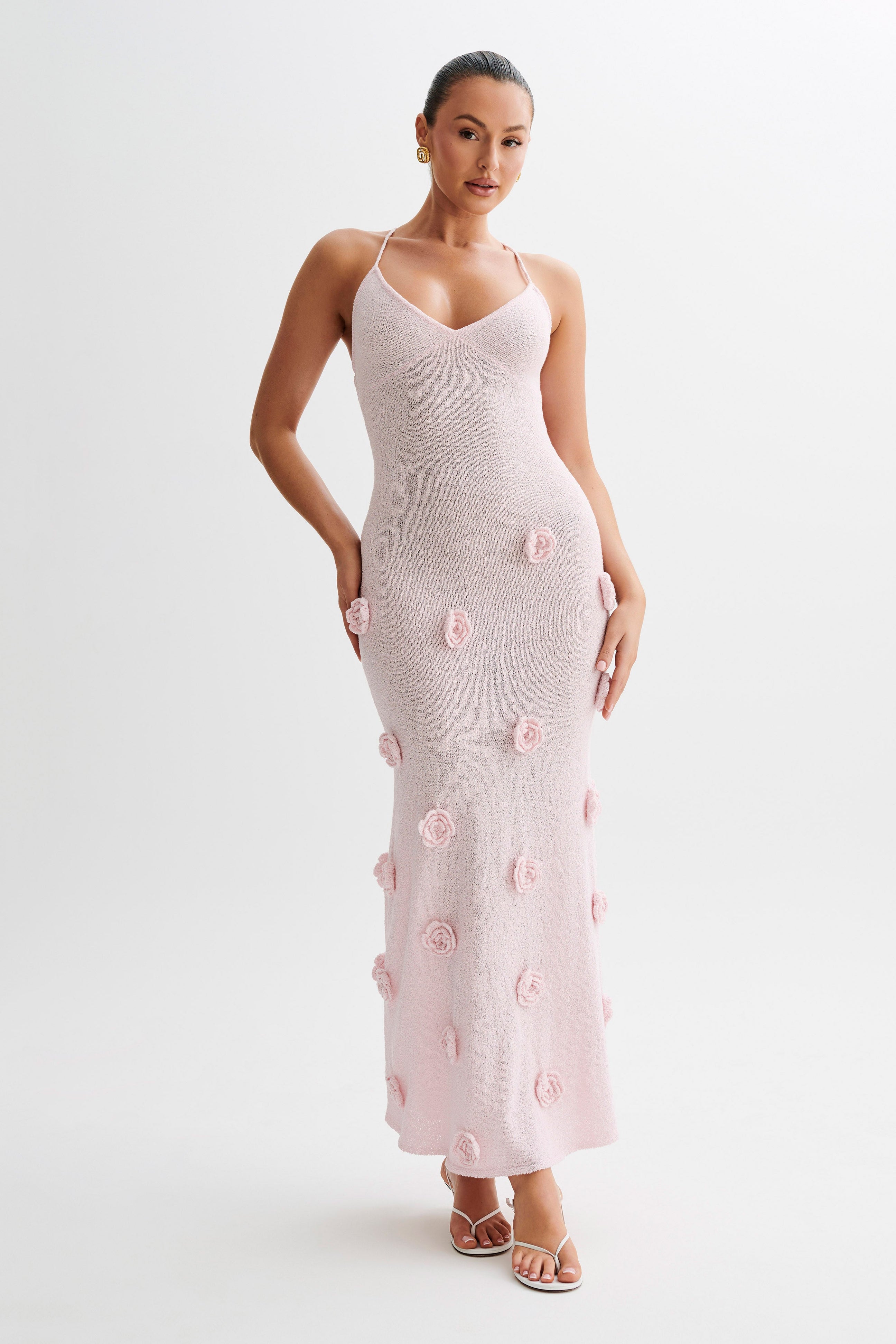 Suki Knit Maxi Dress With Flowers - Baby Pink- MESHKI U.S