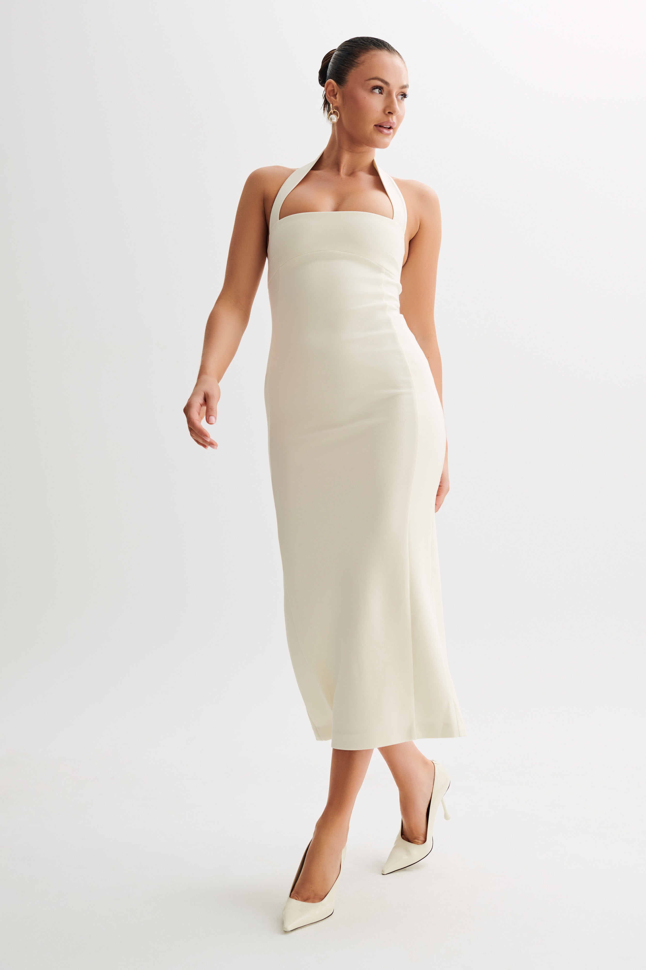Amelita Suiting Halter Midi Dress - Ivory- MESHKI U.S