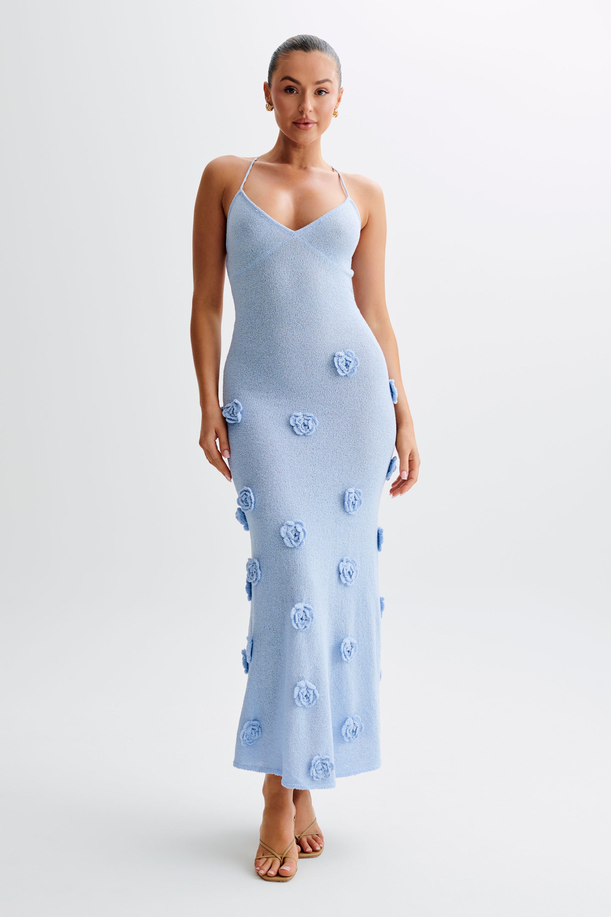 Suki Knit Maxi Dress With Flowers - Light Blue - MESHKI U.S
