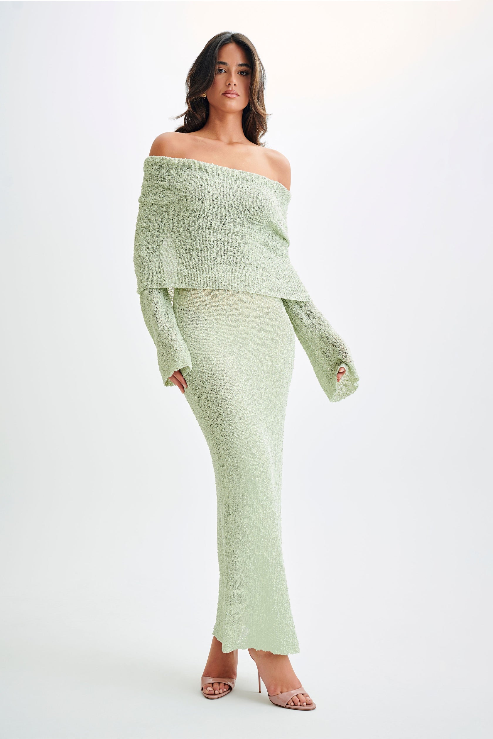 Marisol Off Shoulder Boucle Maxi Dress - Pastel Green & MESHKI US