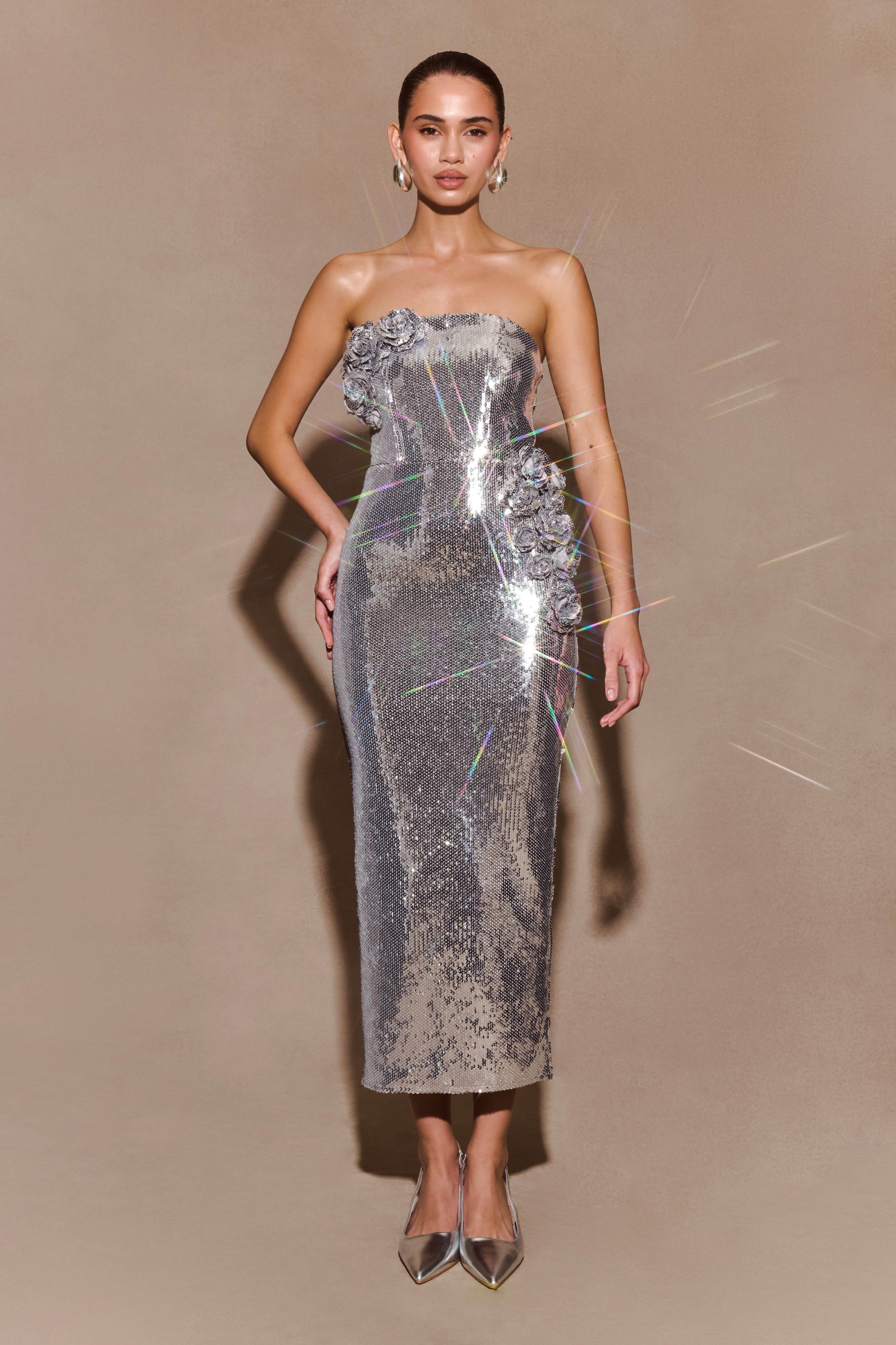 Cassia Strapless Sequin Rose Midi Dress - Silver & MESHKI US