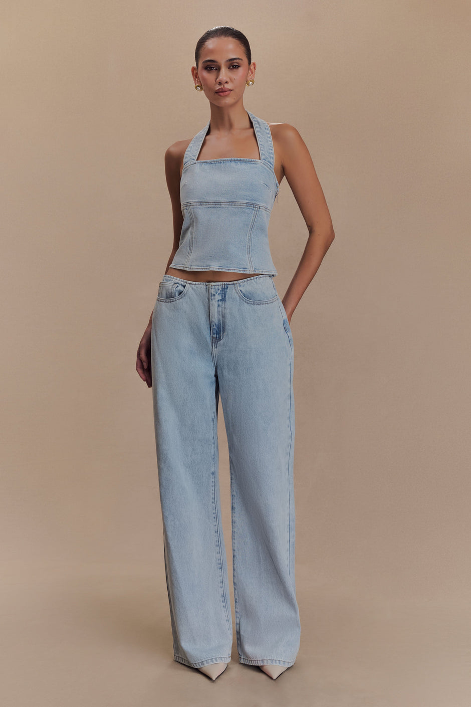 Dayna Denim Halter Top - Light Blue & MESHKI US