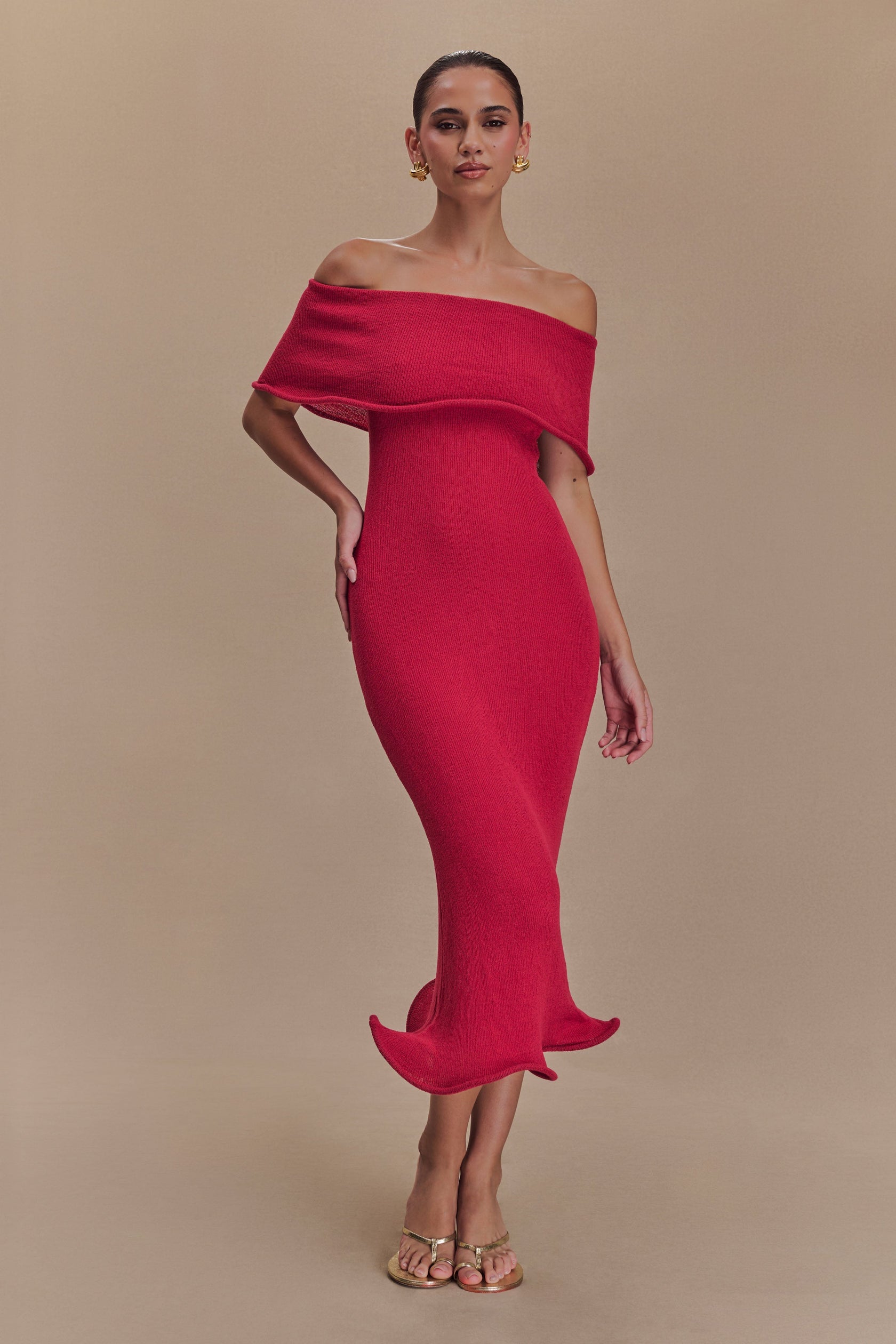 Molly Off Shoulder Knit Midi Dress - Raspberry & MESHKI US