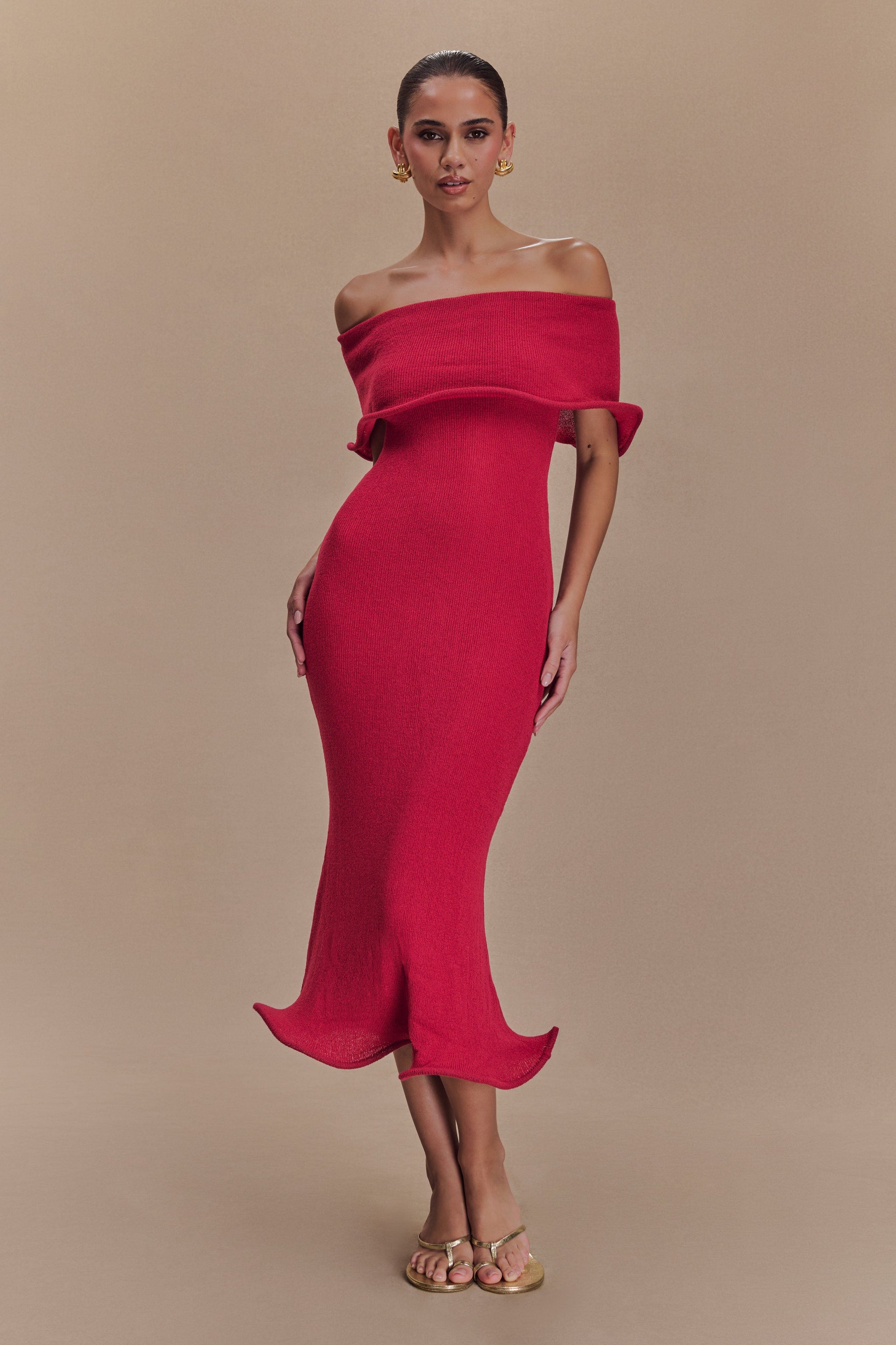 Molly Off Shoulder Knit Midi Dress - Raspberry & MESHKI US