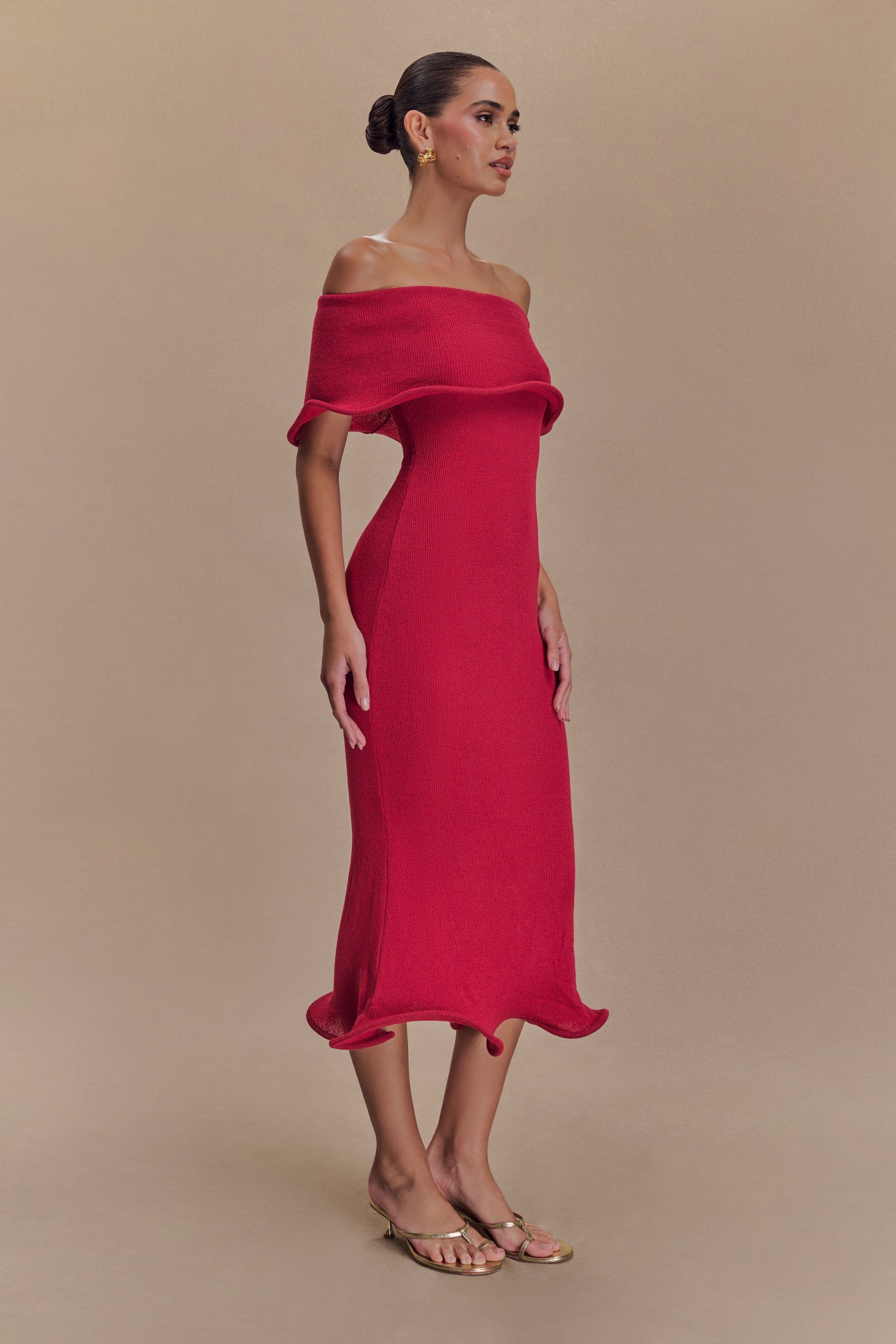 Molly Off Shoulder Knit Midi Dress - Raspberry & MESHKI US