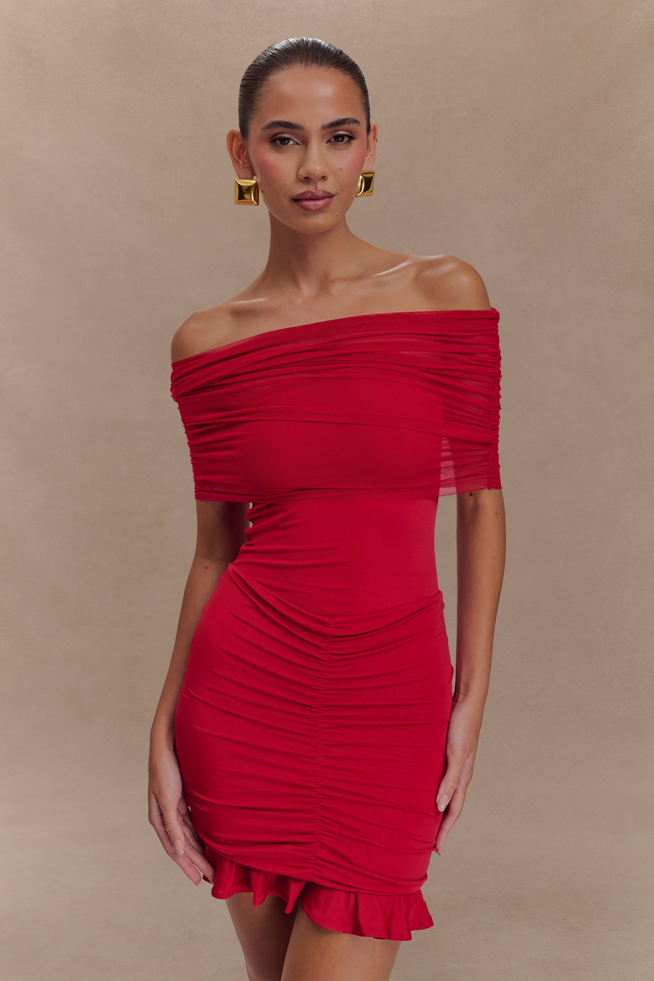 Caspian Slinky And Mesh Off Shoulder Mini Dress - Ruby & MESHKI US