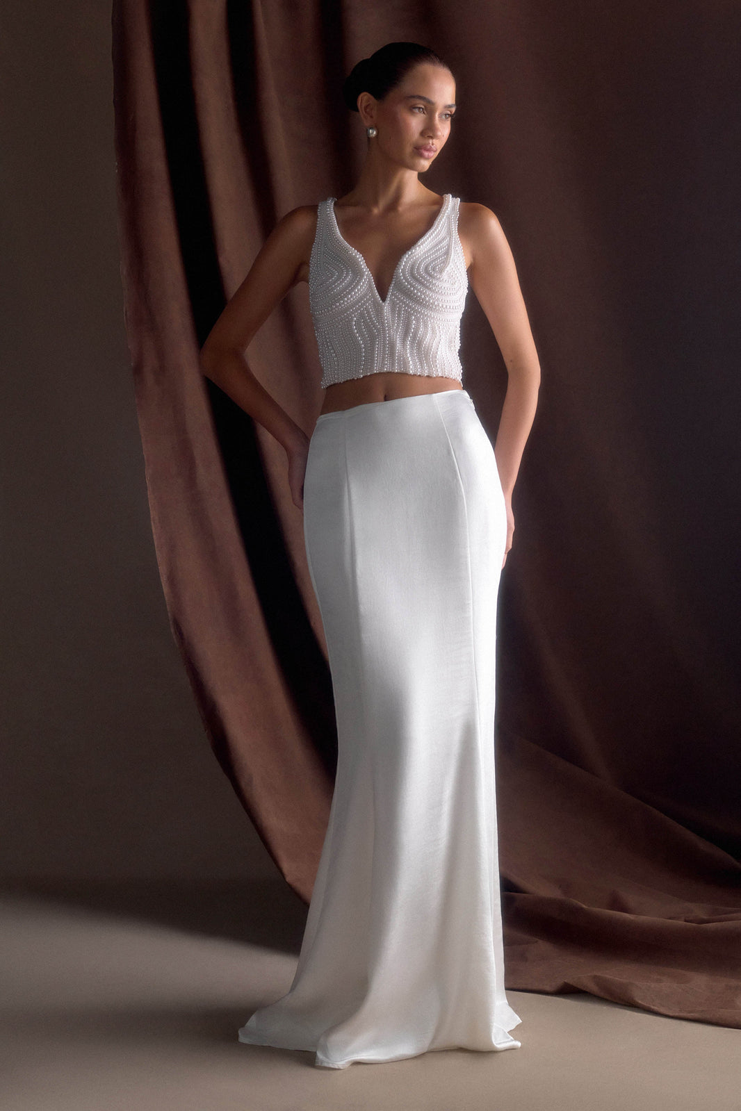 Elsie Pearl Beaded Bustier Top - White & MESHKI US