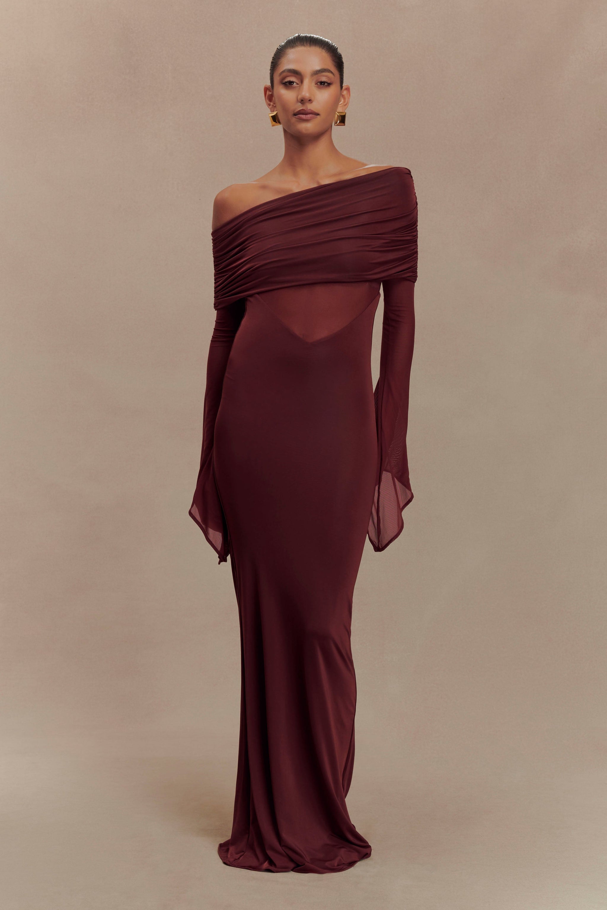 Kaitlin One Shoulder Slinky And Mesh Maxi Dress - Burgundy & MESHKI US