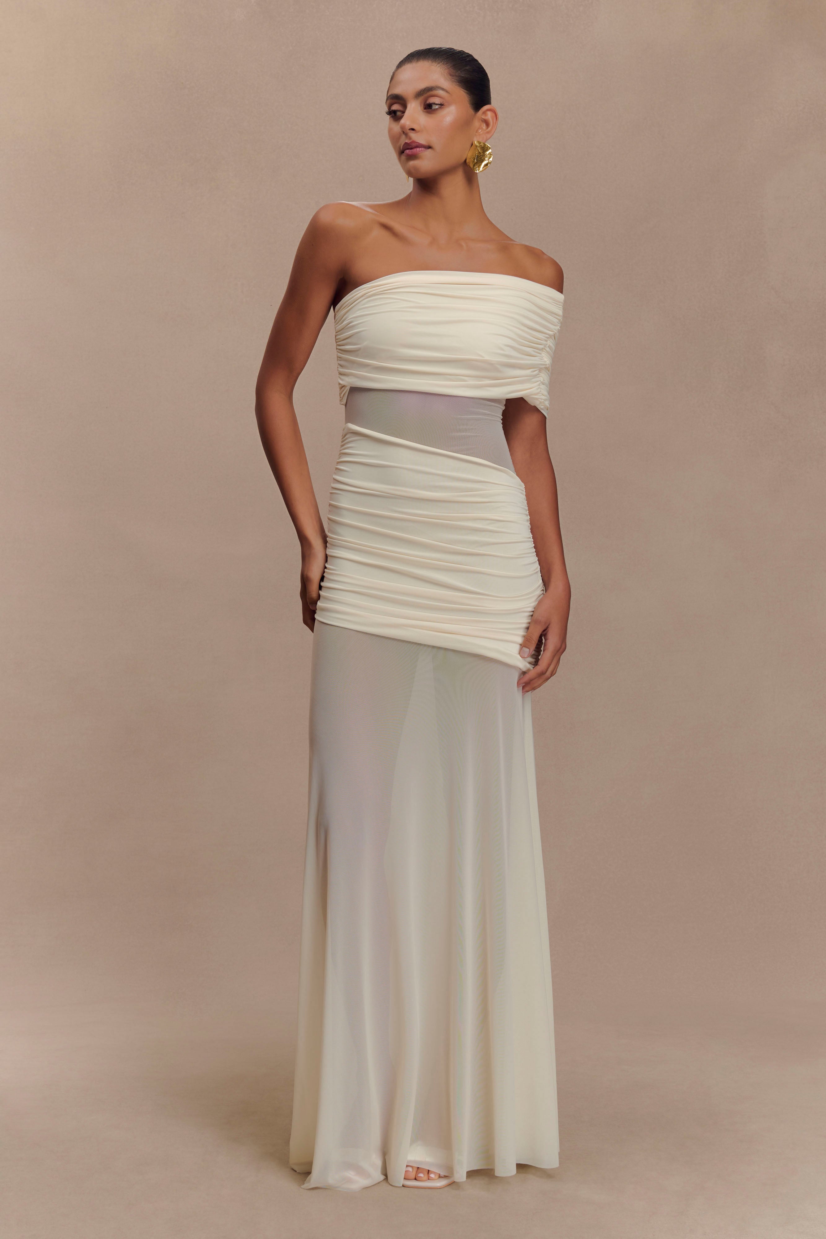Dallas One Shoulder Mesh Maxi Dress - Ivory & MESHKI US