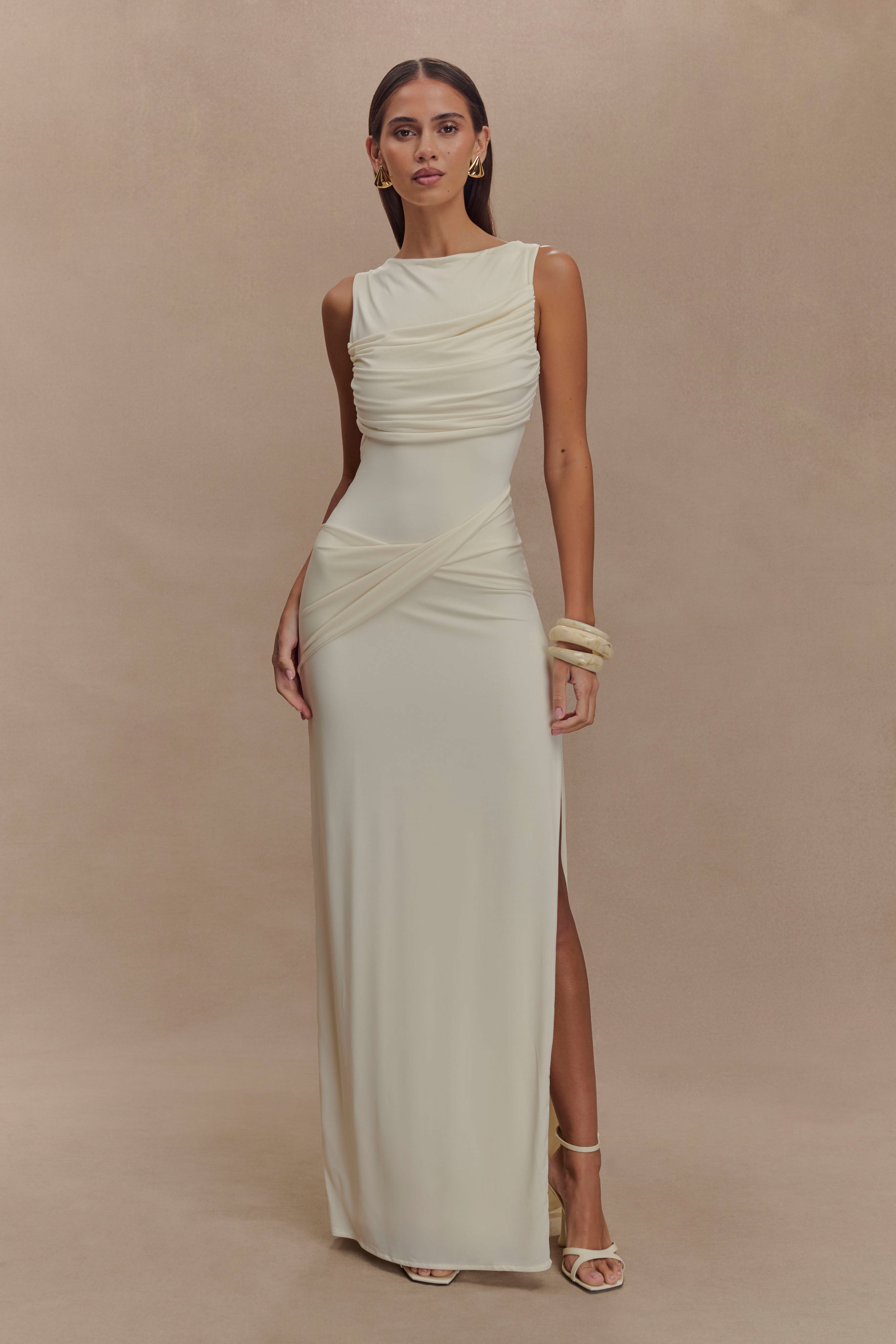 Henley Slinky Drape Maxi Dress - Ivory & MESHKI US