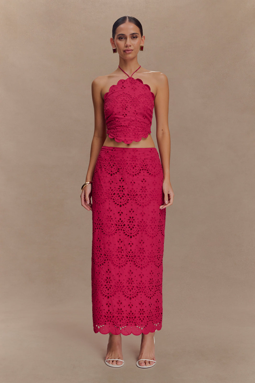 Kensley Broderie Halter Top - Dragonfruit & MESHKI US