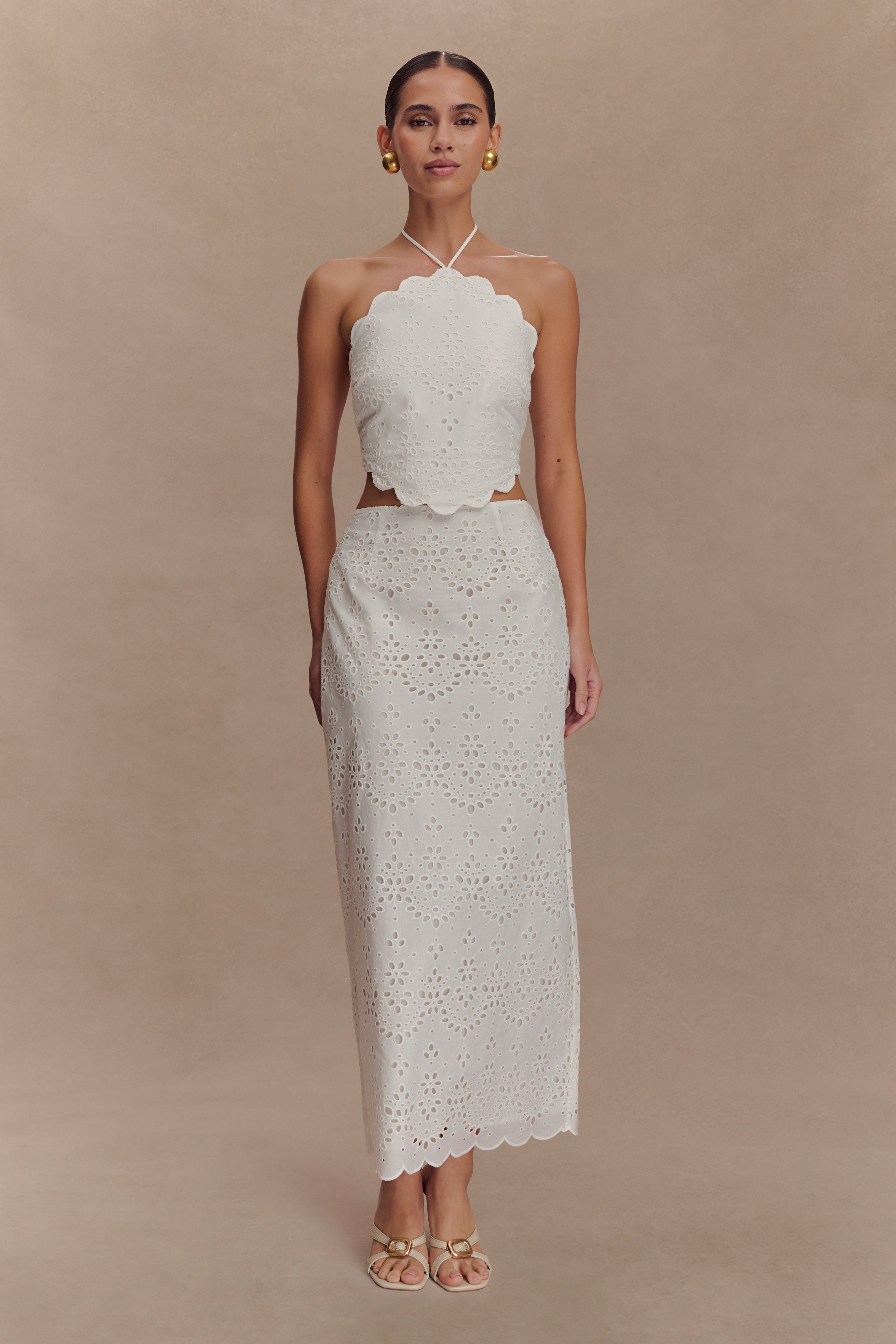 Kensley Broderie Halter Top - White & MESHKI US