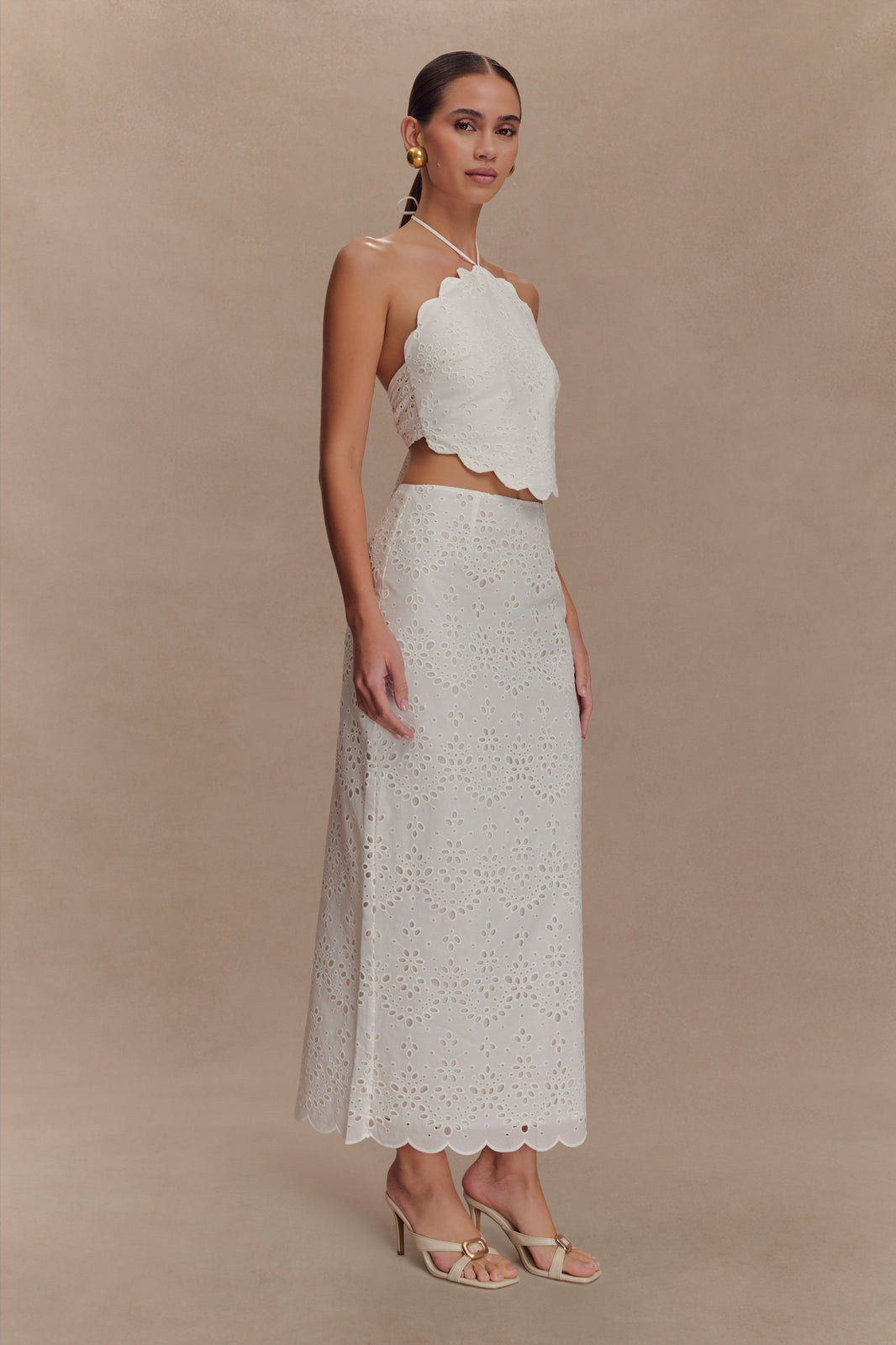 Kensley Broderie Halter Top - White & MESHKI US