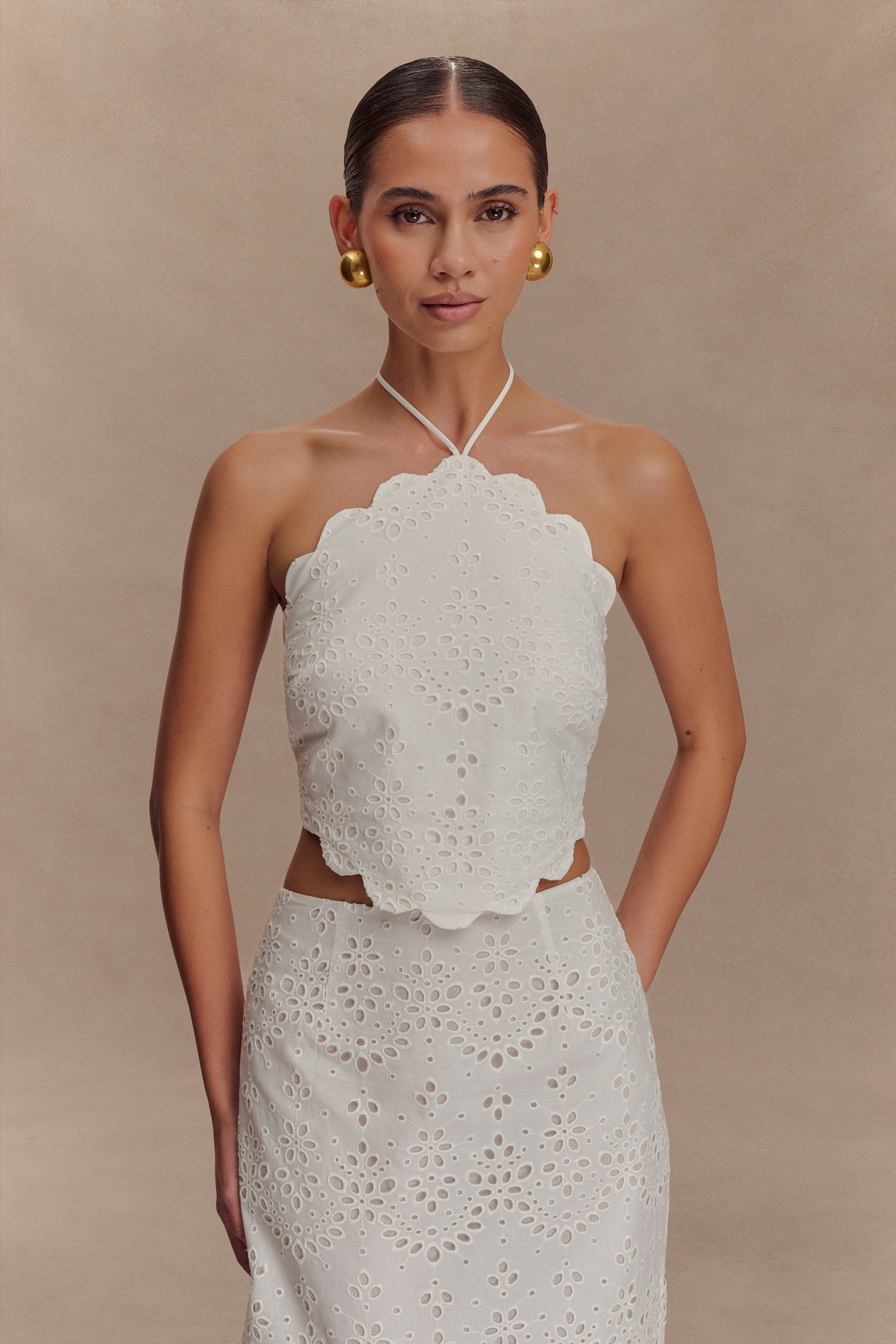 Kensley Broderie Halter Top - White & MESHKI US