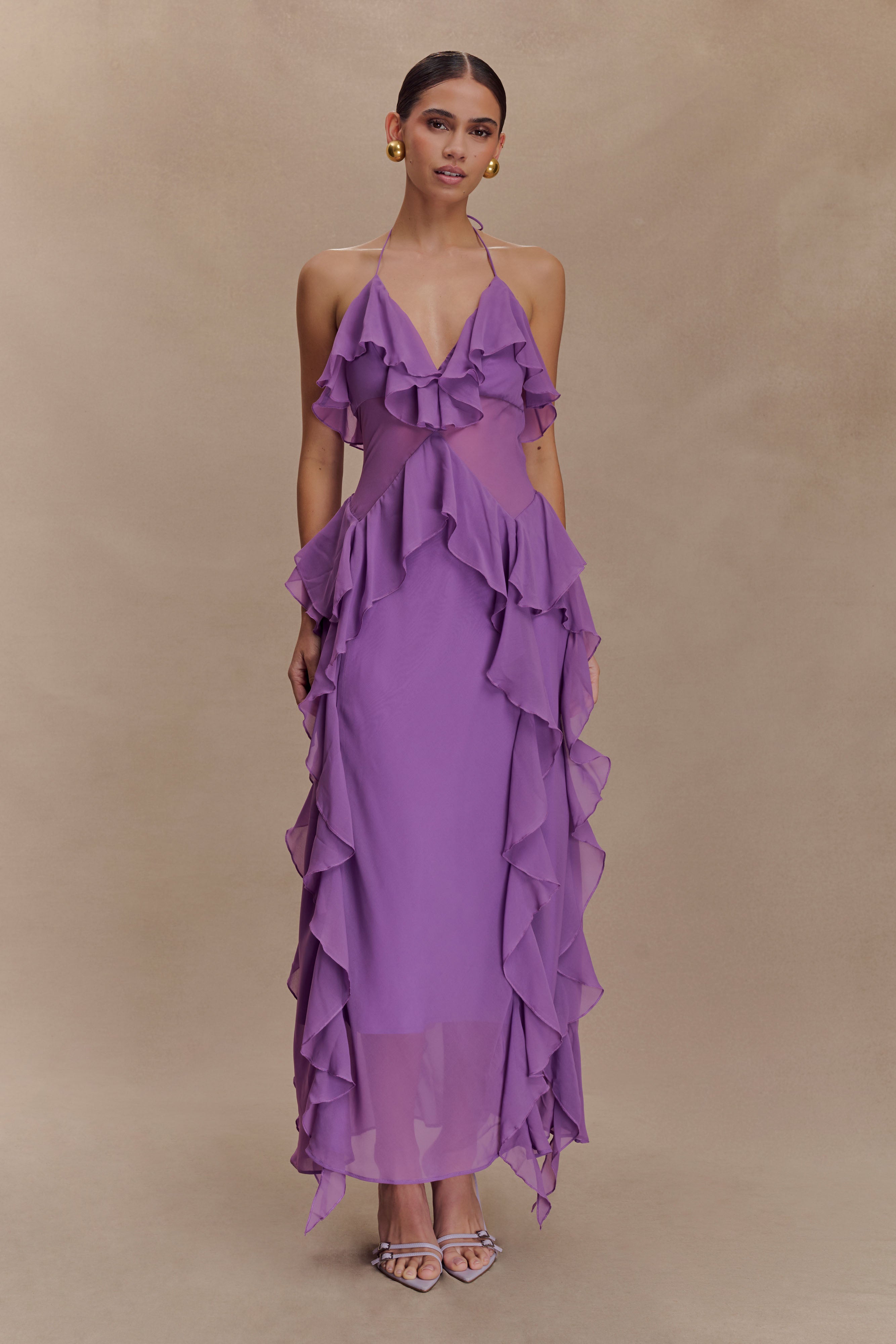 Aleyna Chiffon Ruffle Midi Dress - Purple & MESHKI US