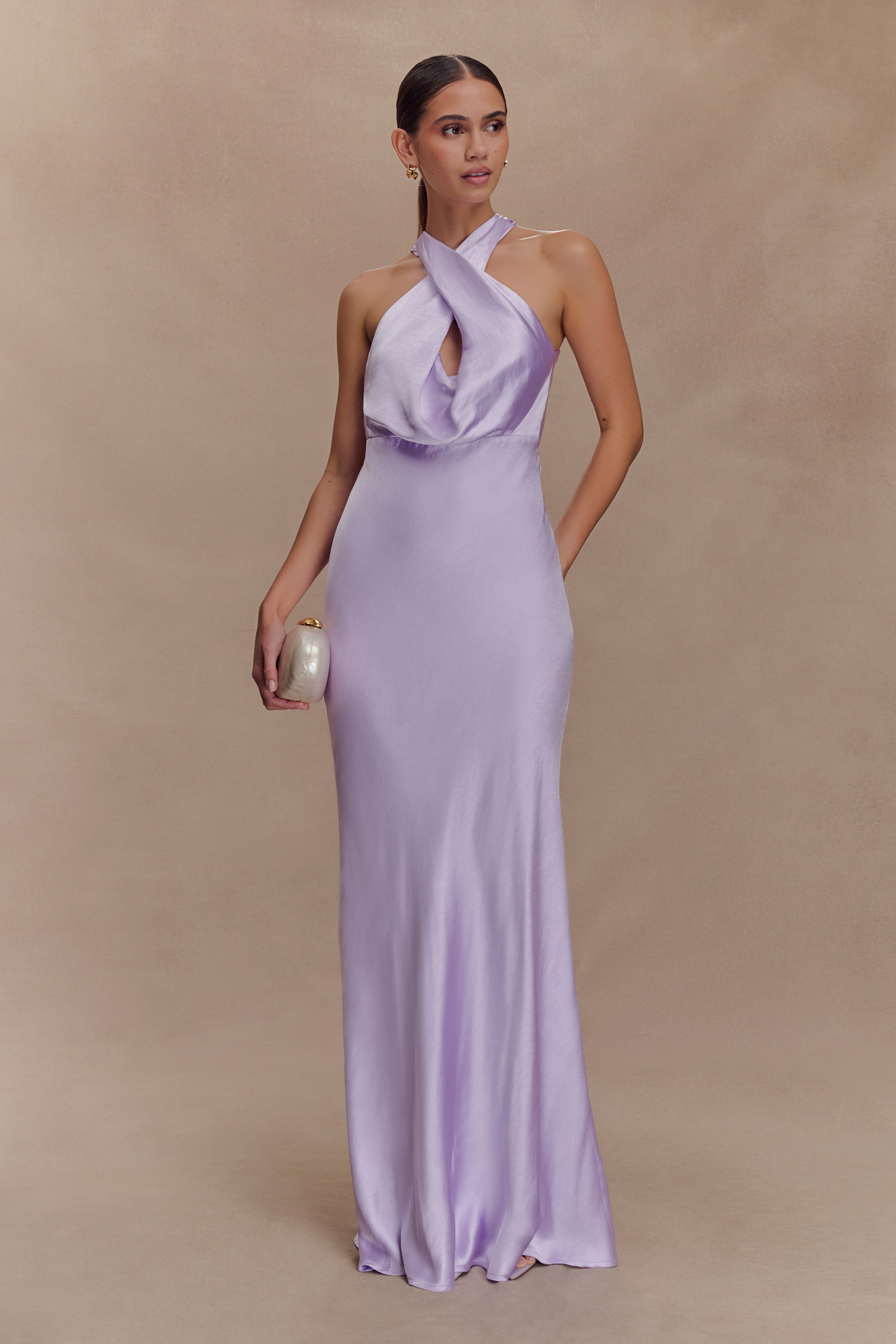 Phyllis Satin Halter Maxi Dress - Lilac & MESHKI US