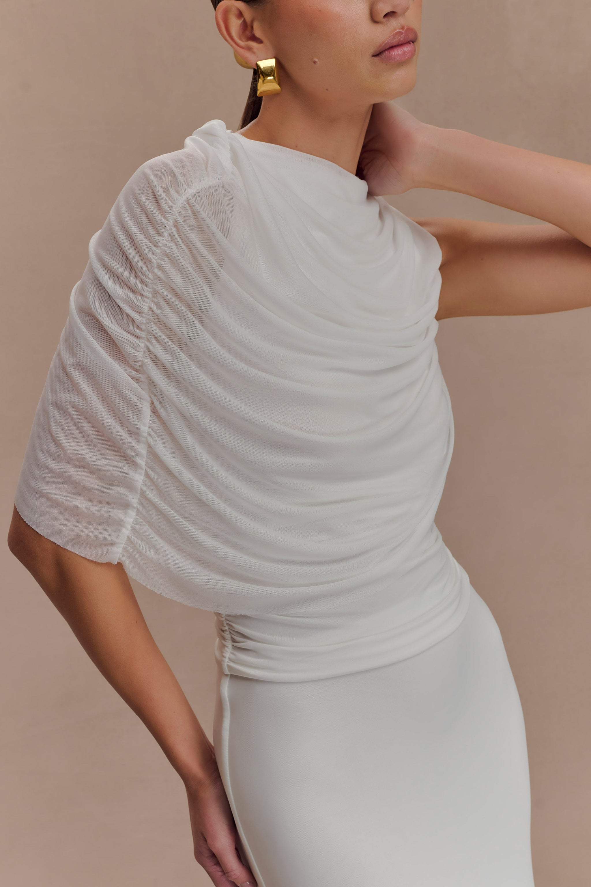 Pruedance Slinky Draped Top With Mesh Overlay - White & MESHKI US