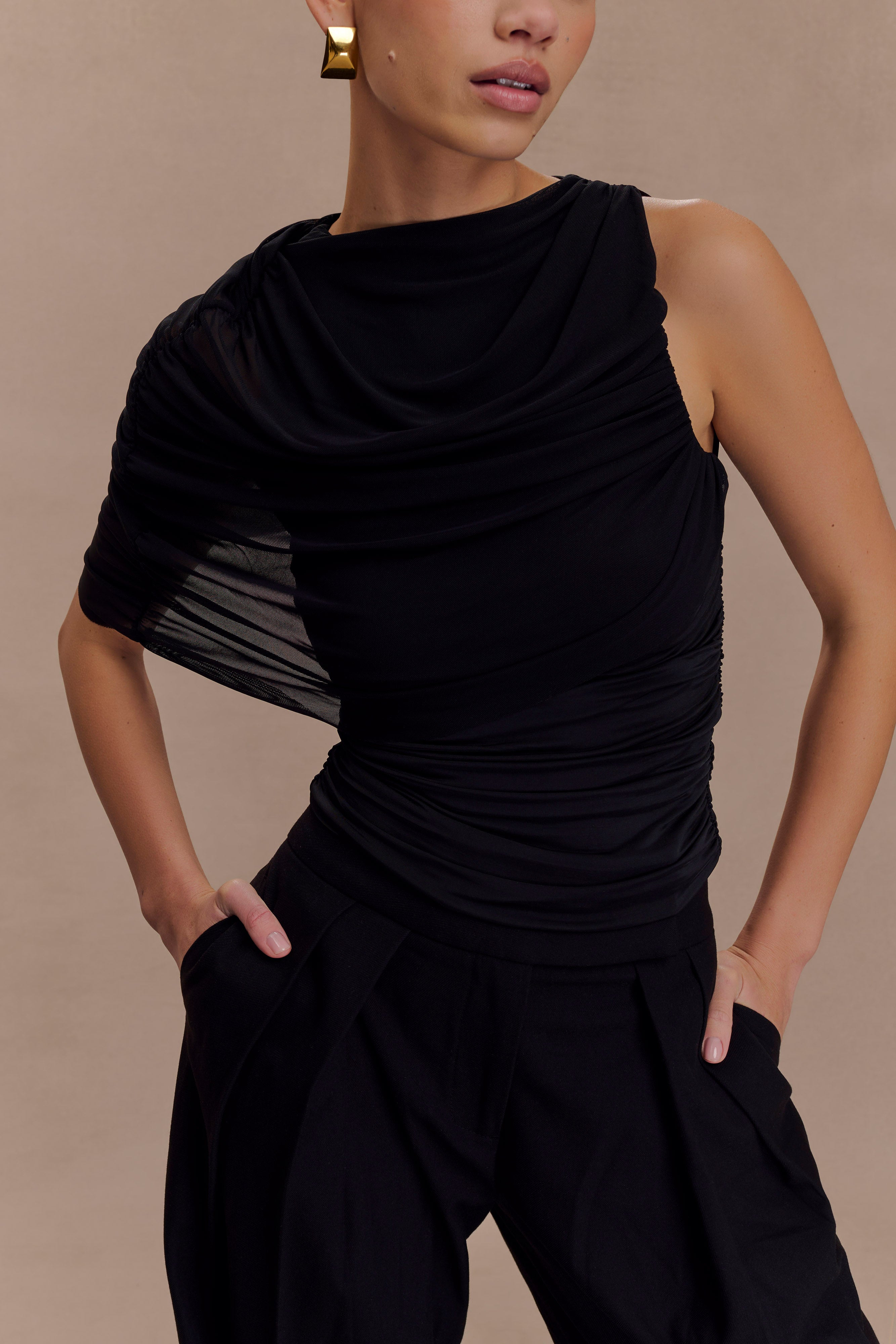 Pruedance Slinky Draped Top With Mesh Overlay - Black & MESHKI US