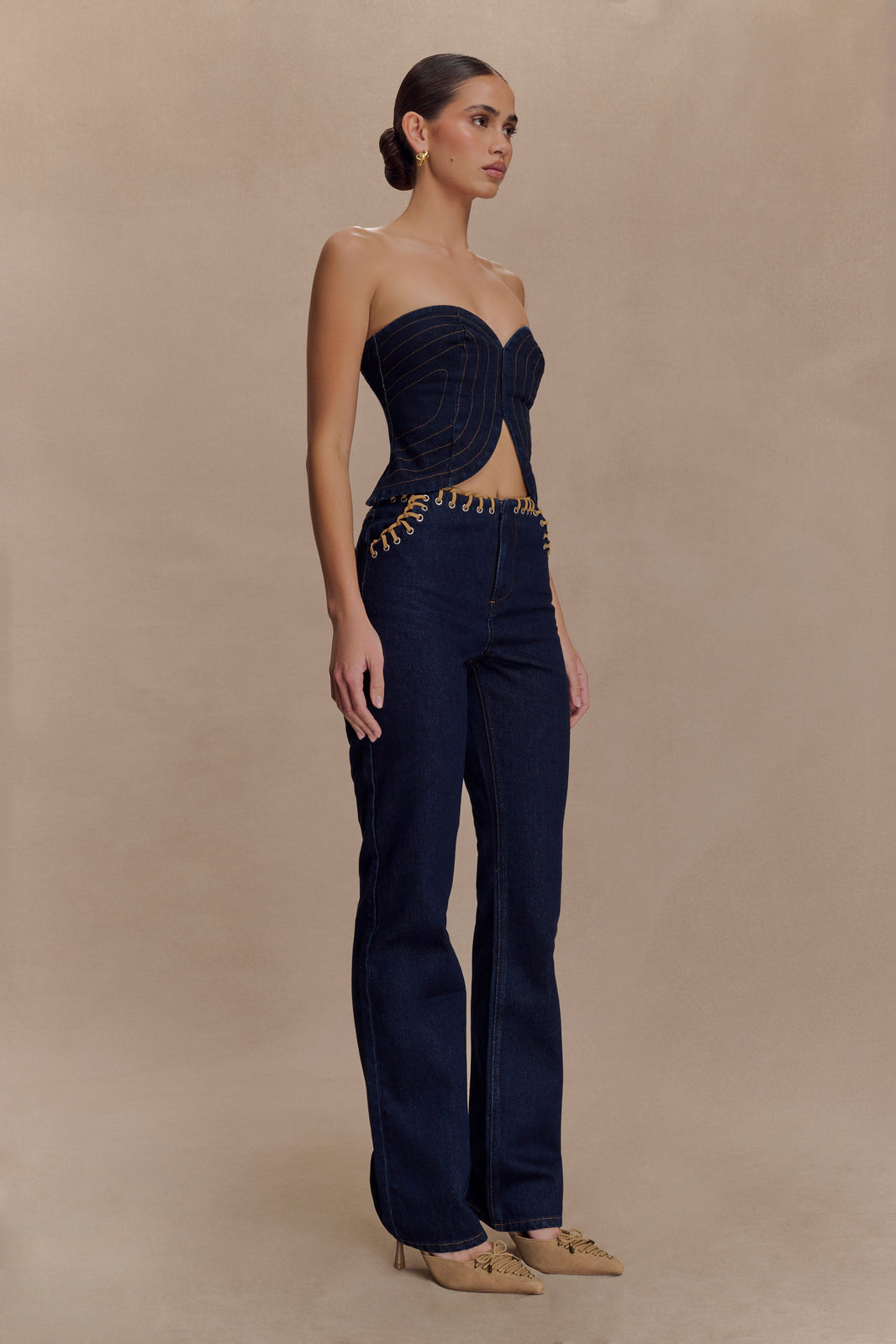 Tully Strapless Topstitch Denim Top - Indigo Blue & MESHKI US