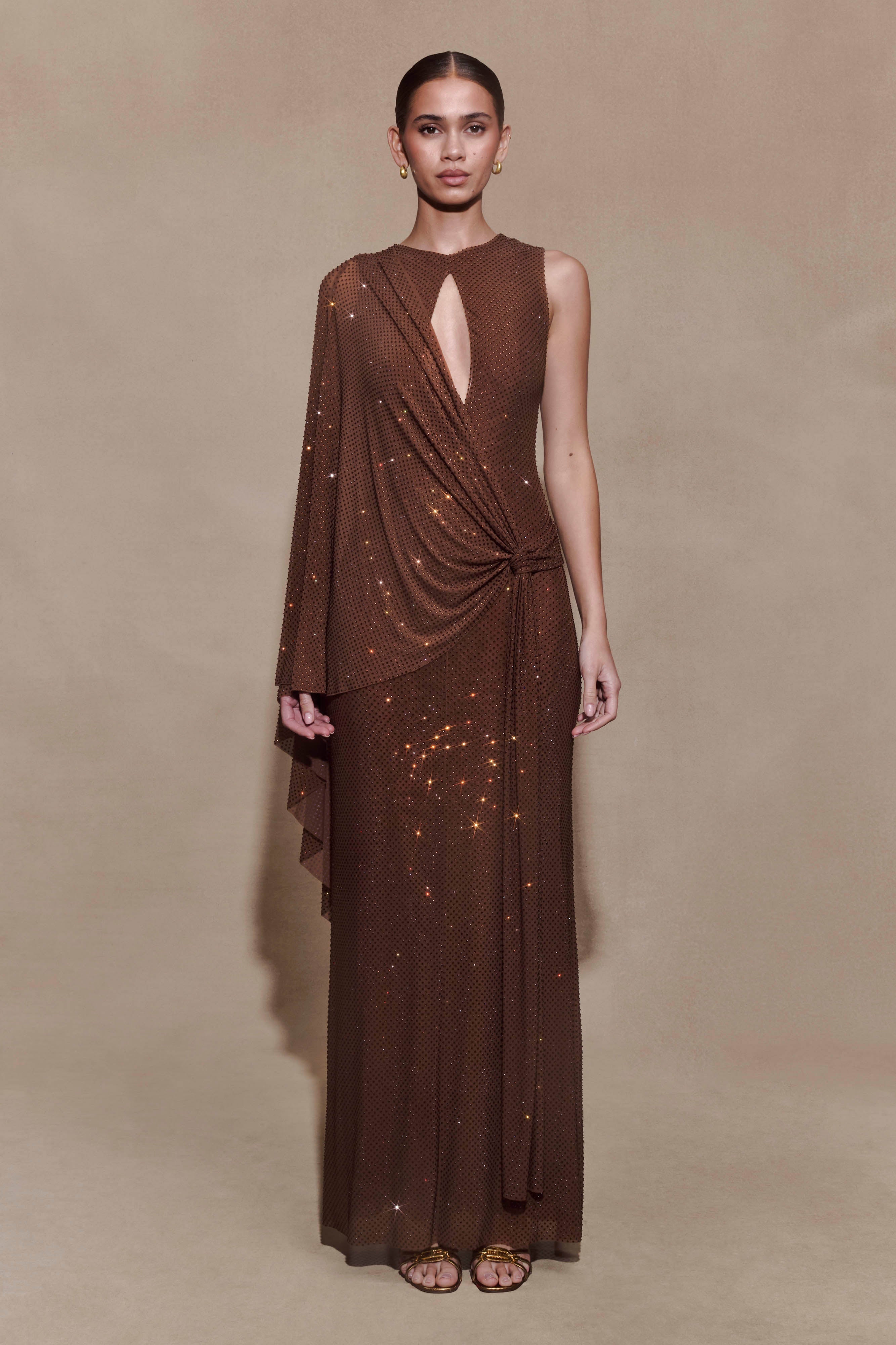 Bakari Diamante Cape Maxi Dress - Chocolate & MESHKI US