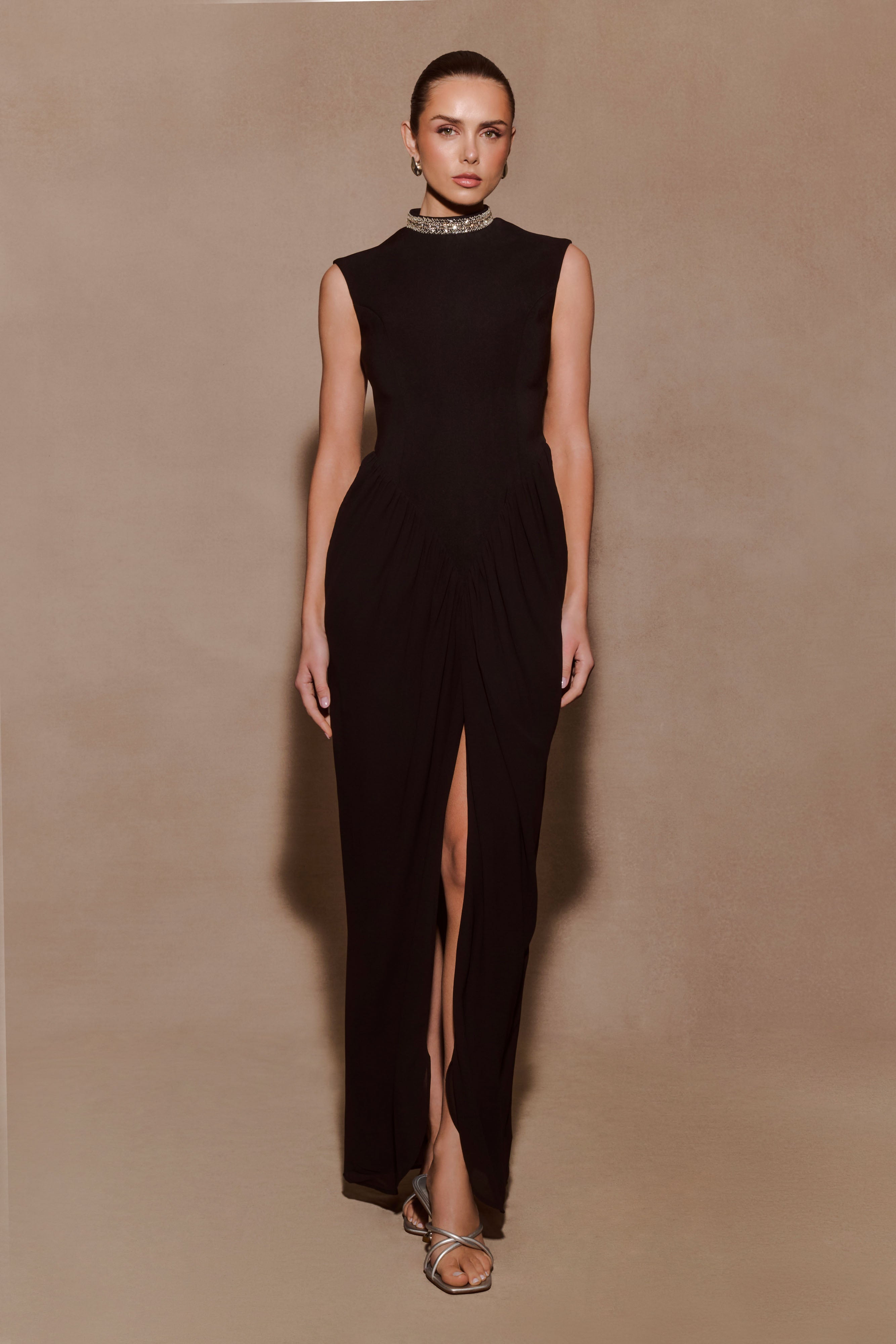 Elisa Diamante Neck Maxi Dress - Black & MESHKI US