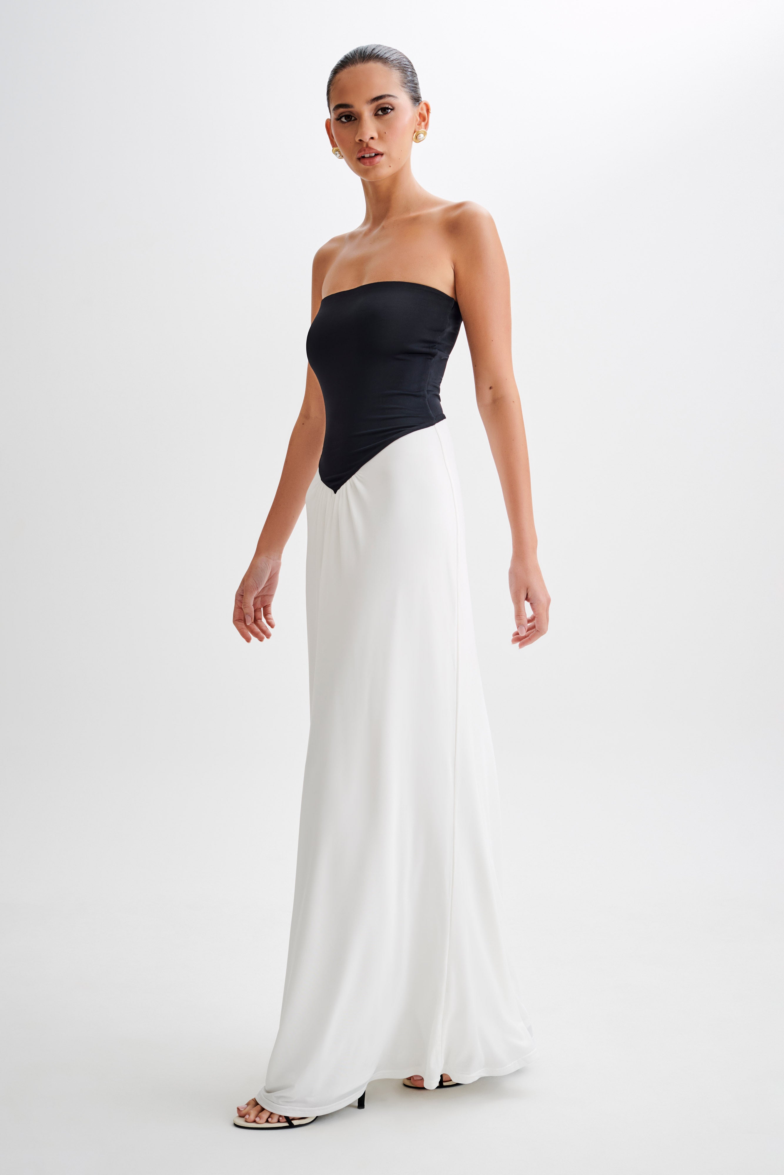 Ruby Strapless Slinky Maxi Dress - Black/White - MESHKI U.S