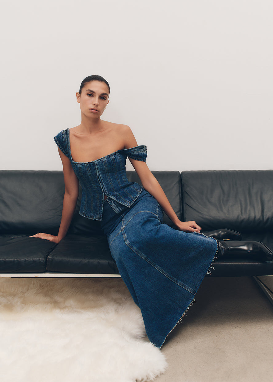 Bethany Short Sleeve Buttoned Denim Top - Washed Indigo Blue & MESHKI US