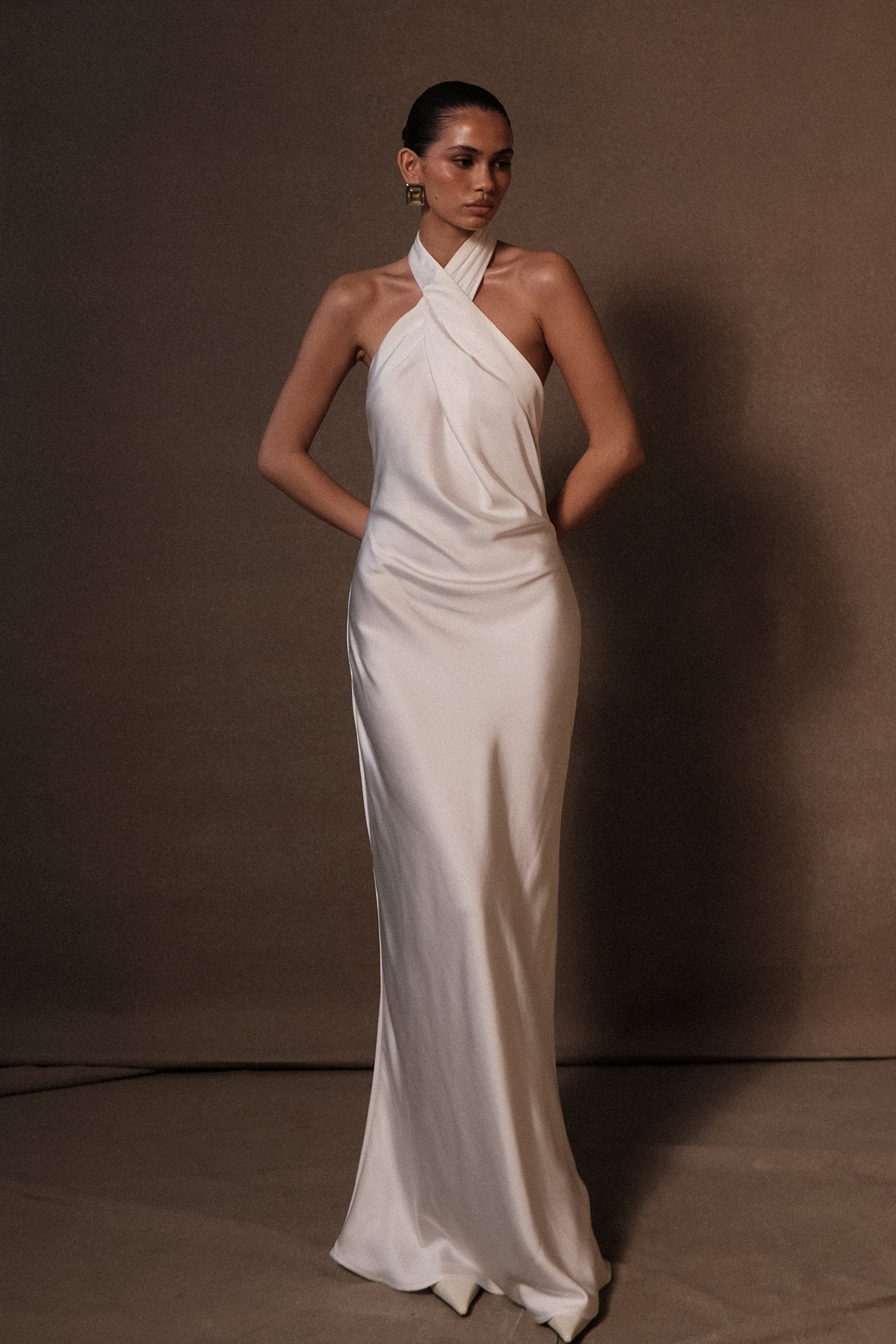 Laura Halter Satin Gown - White - MESHKI U.S