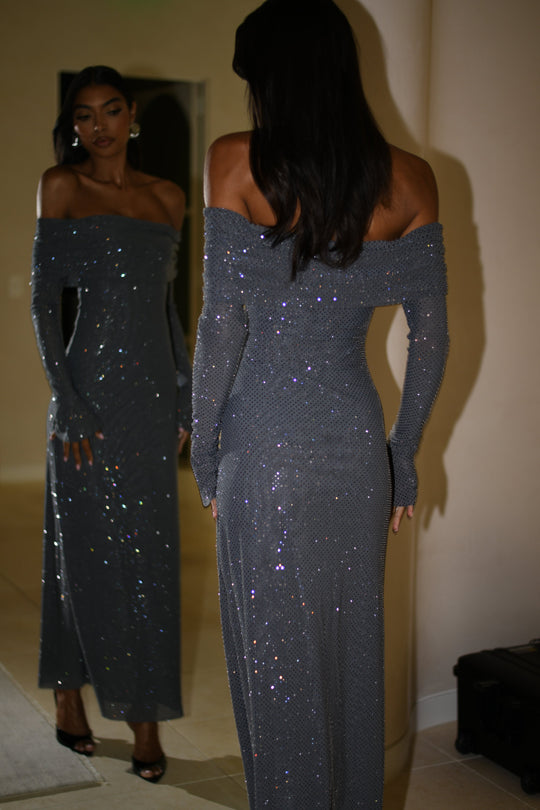 Marcel Off Shoulder Diamante Maxi Dress - Gunmetal- MESHKI U.S