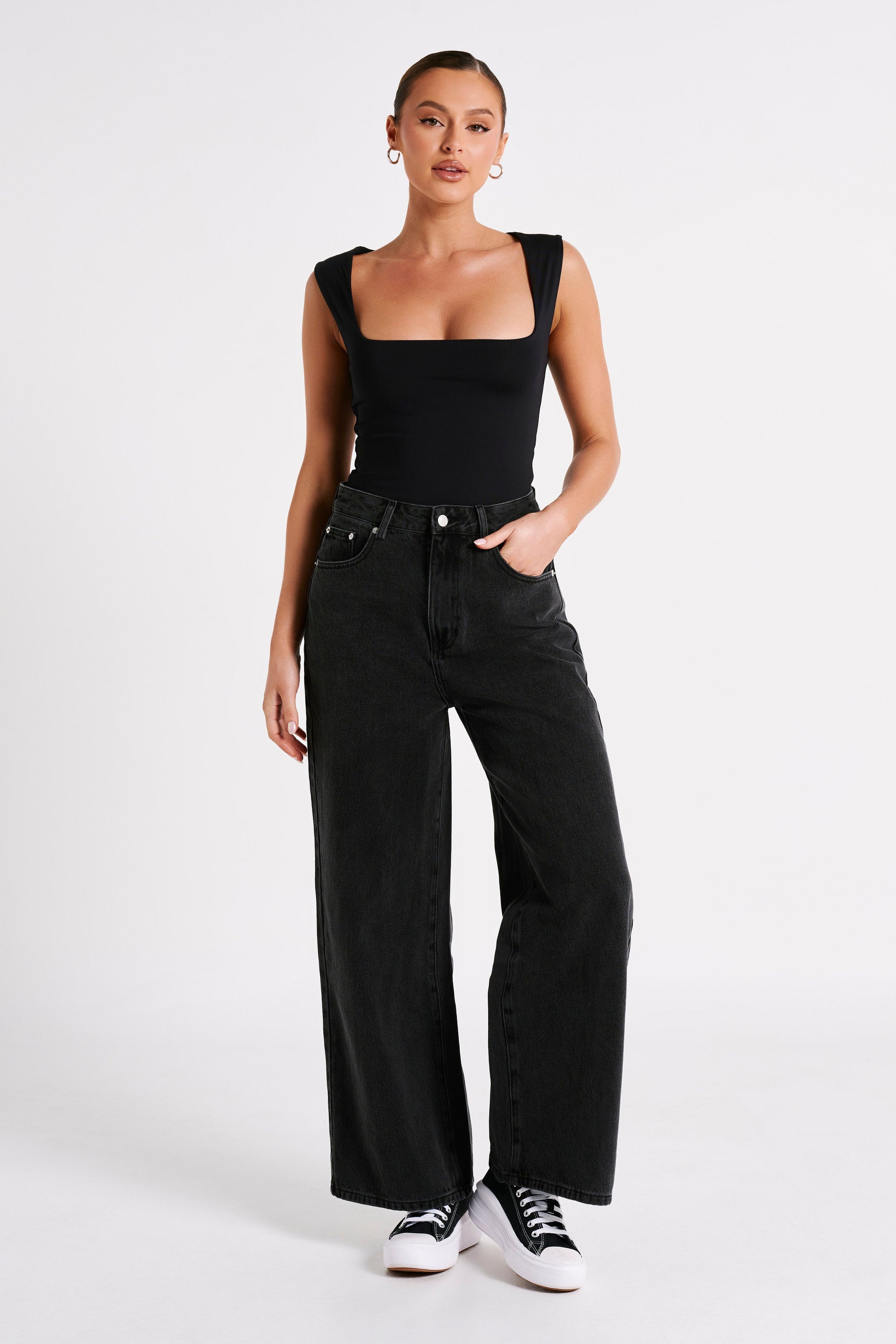 Linley Recycled Nylon Long Line Top - Black- MESHKI U.S