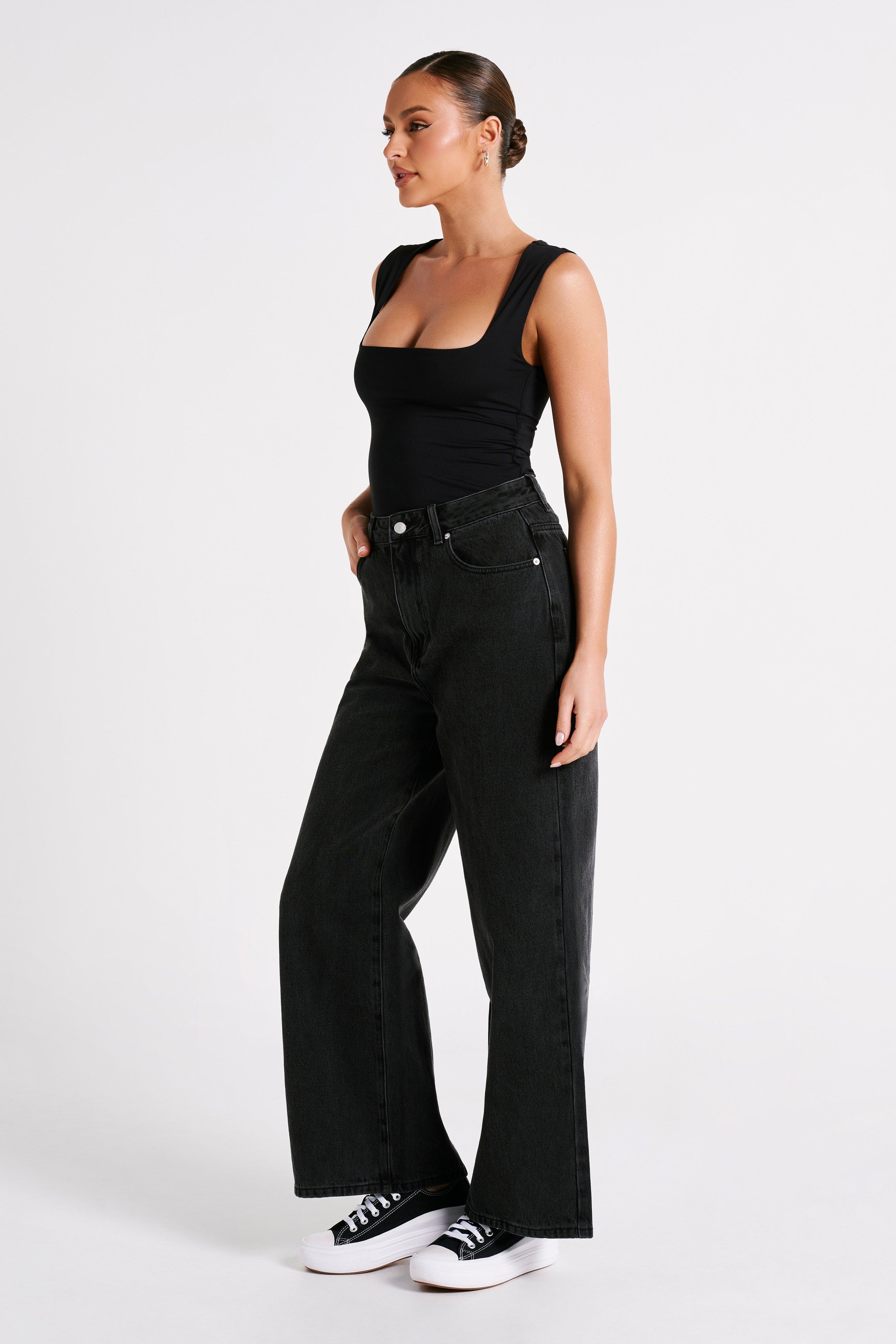Linley Recycled Nylon Long Line Top - Black- MESHKI U.S