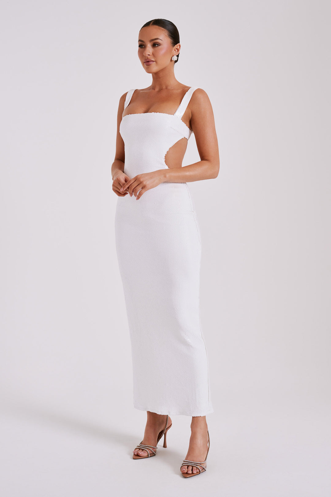 Adoria Sequin Cut Out Maxi Dress - White - MESHKI U.S