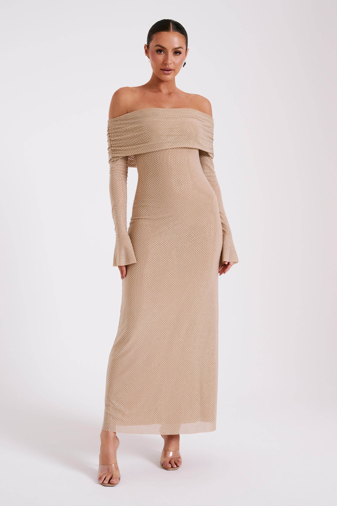 Marcel Off Shoulder Diamante Maxi Dress - Nude- MESHKI U.S