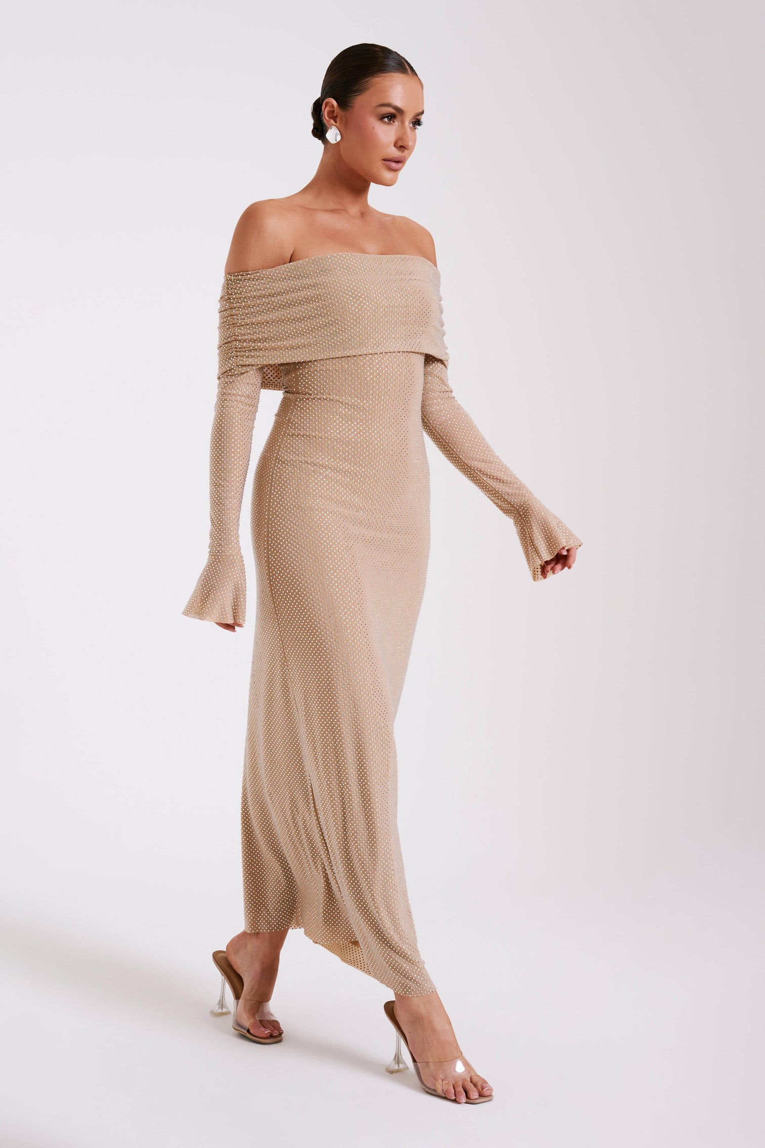Marcel Off Shoulder Diamante Maxi Dress - Nude - MESHKI U.S