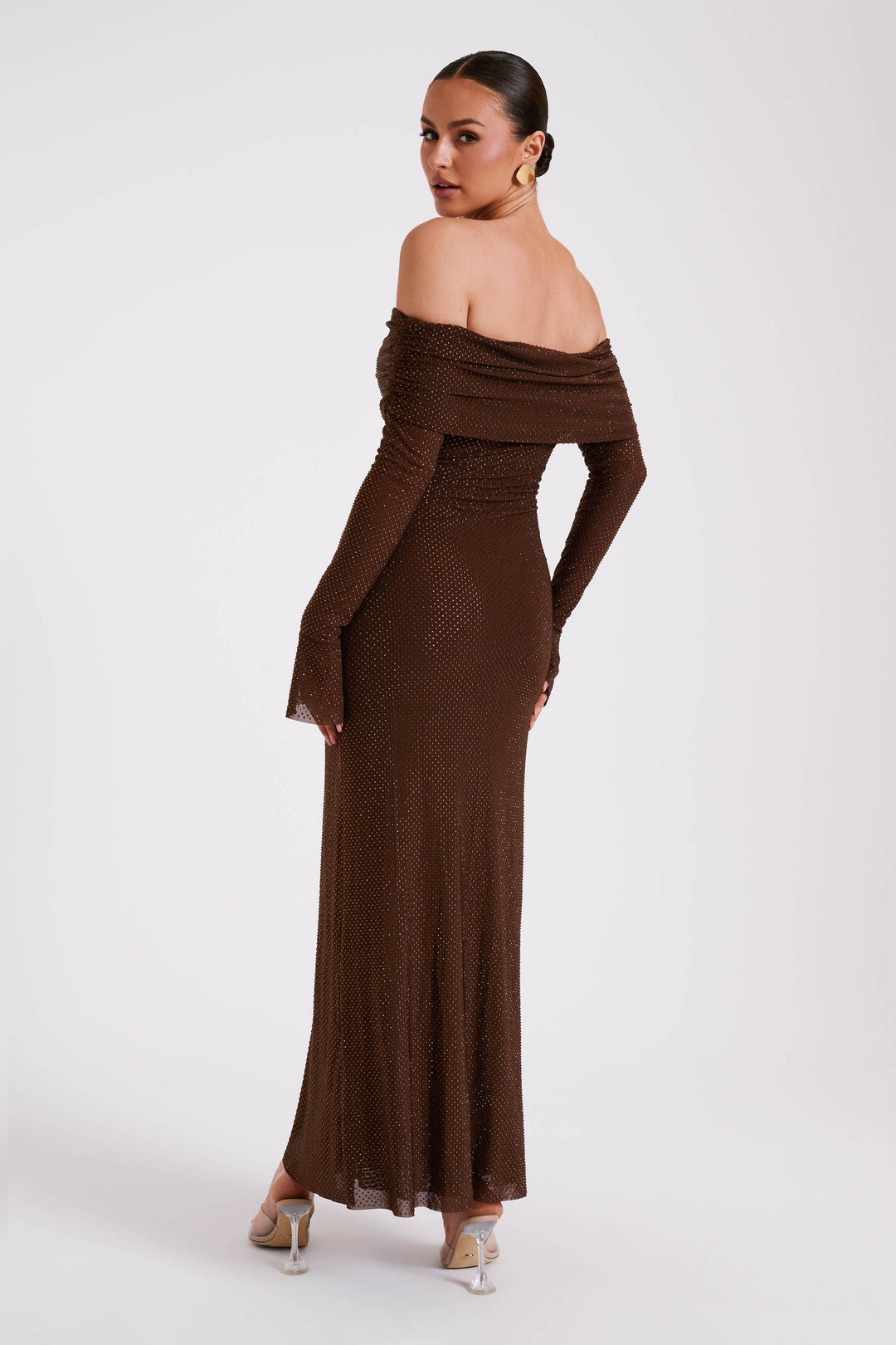 Marcel Off Shoulder Diamante Maxi Dress - Chocolate- MESHKI U.S