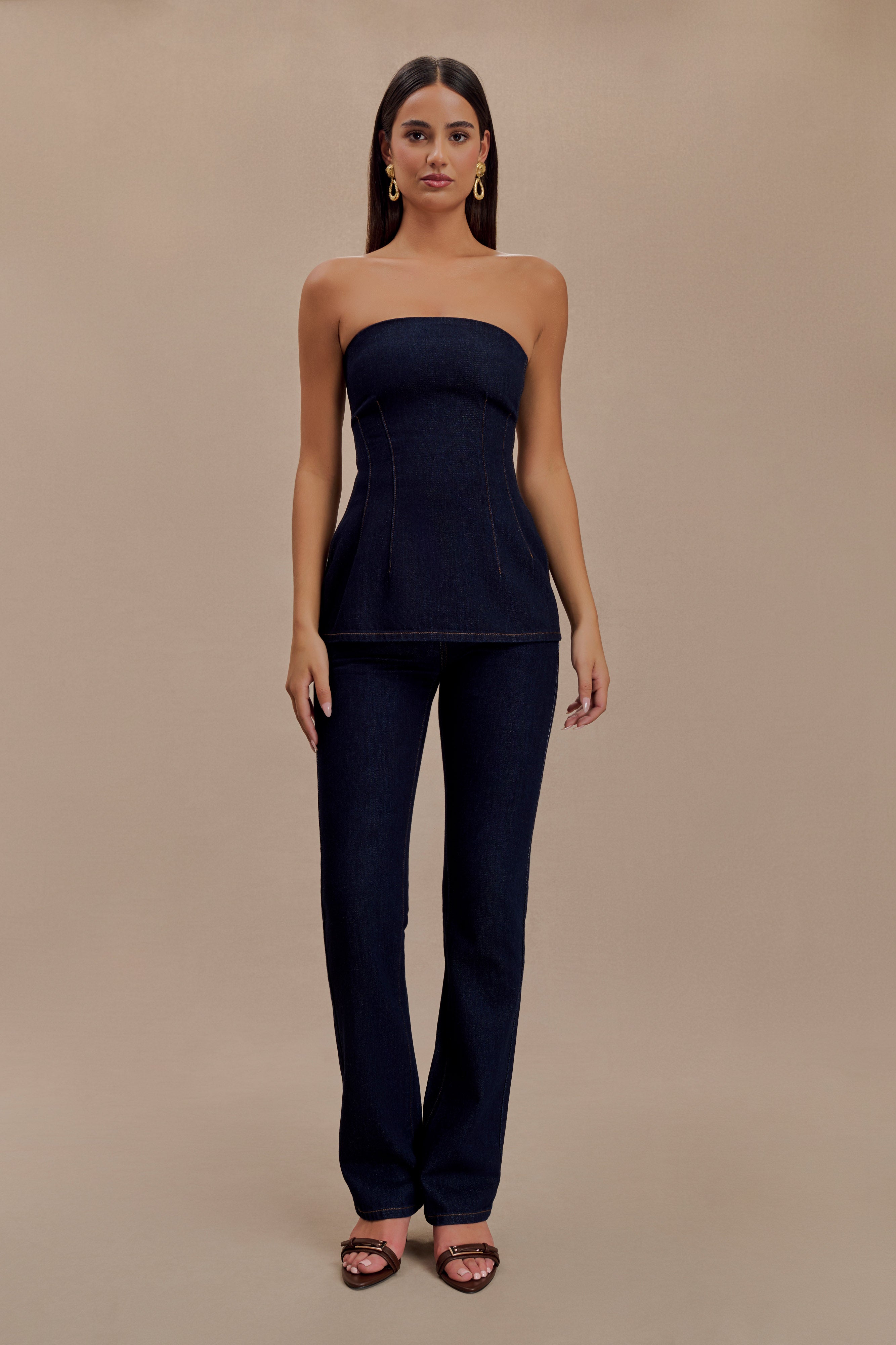 Sylas Strapless Buckle Denim Top - Indigo Blue & MESHKI US