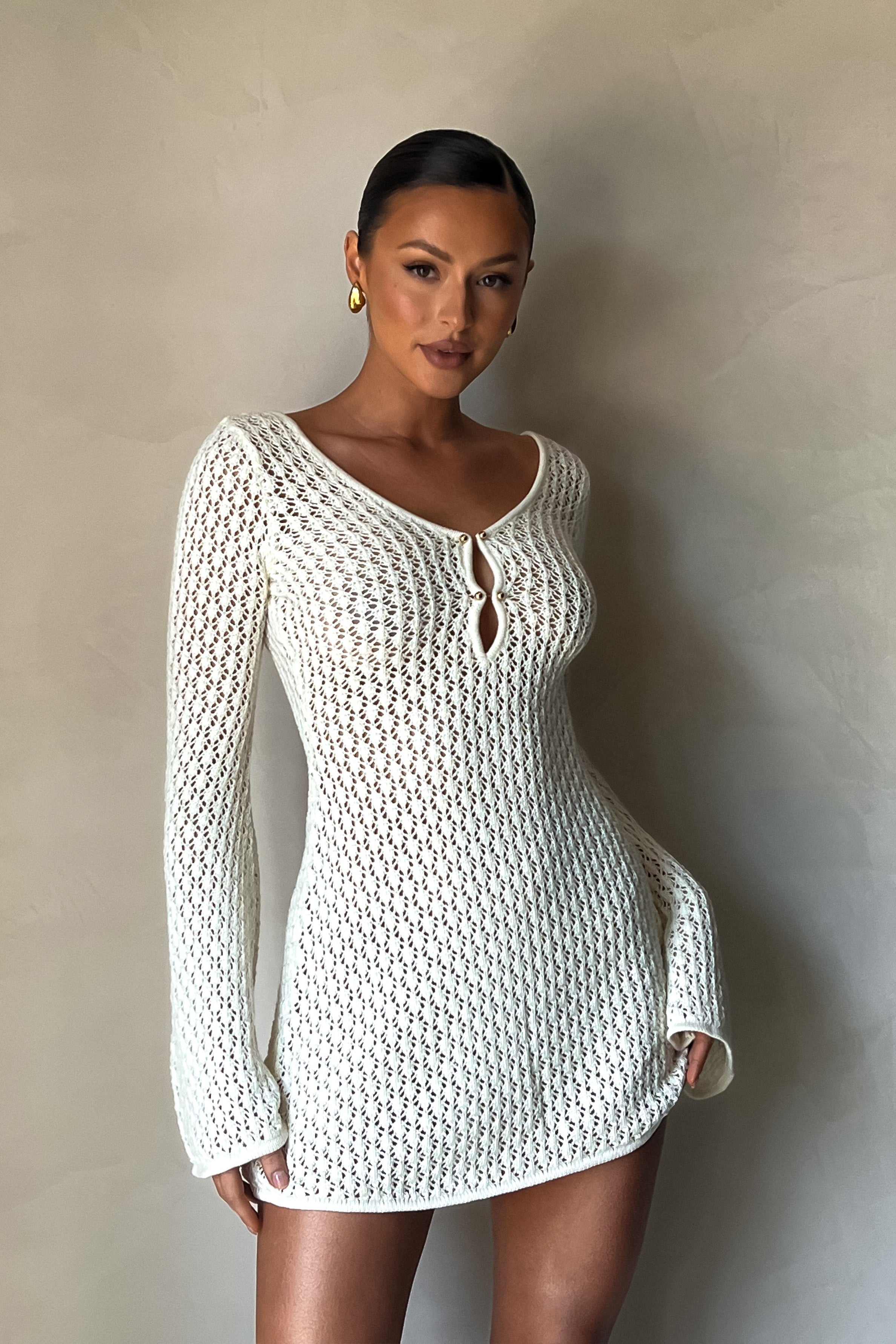 Kayleigh Crochet Knit Mini Dress - White - MESHKI U.S